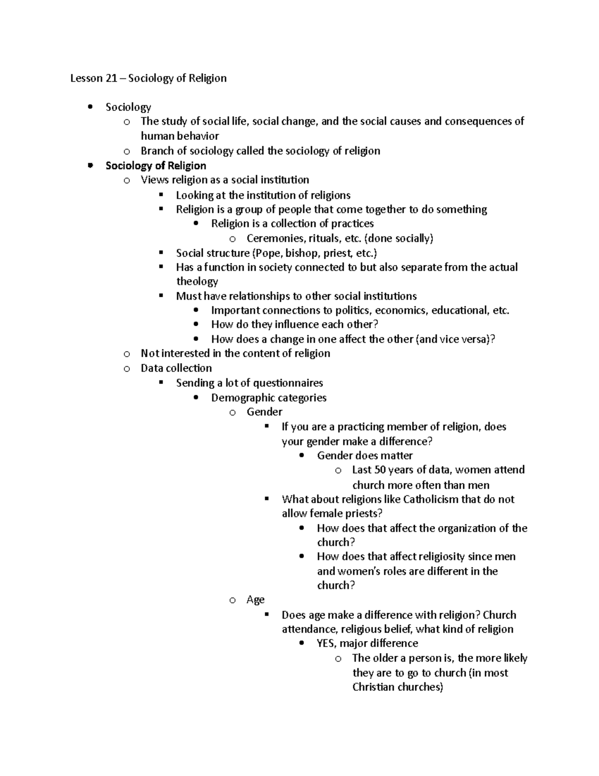 Lesson 21- Sociology of Religion - Lesson 21 – Sociology of Religion ...