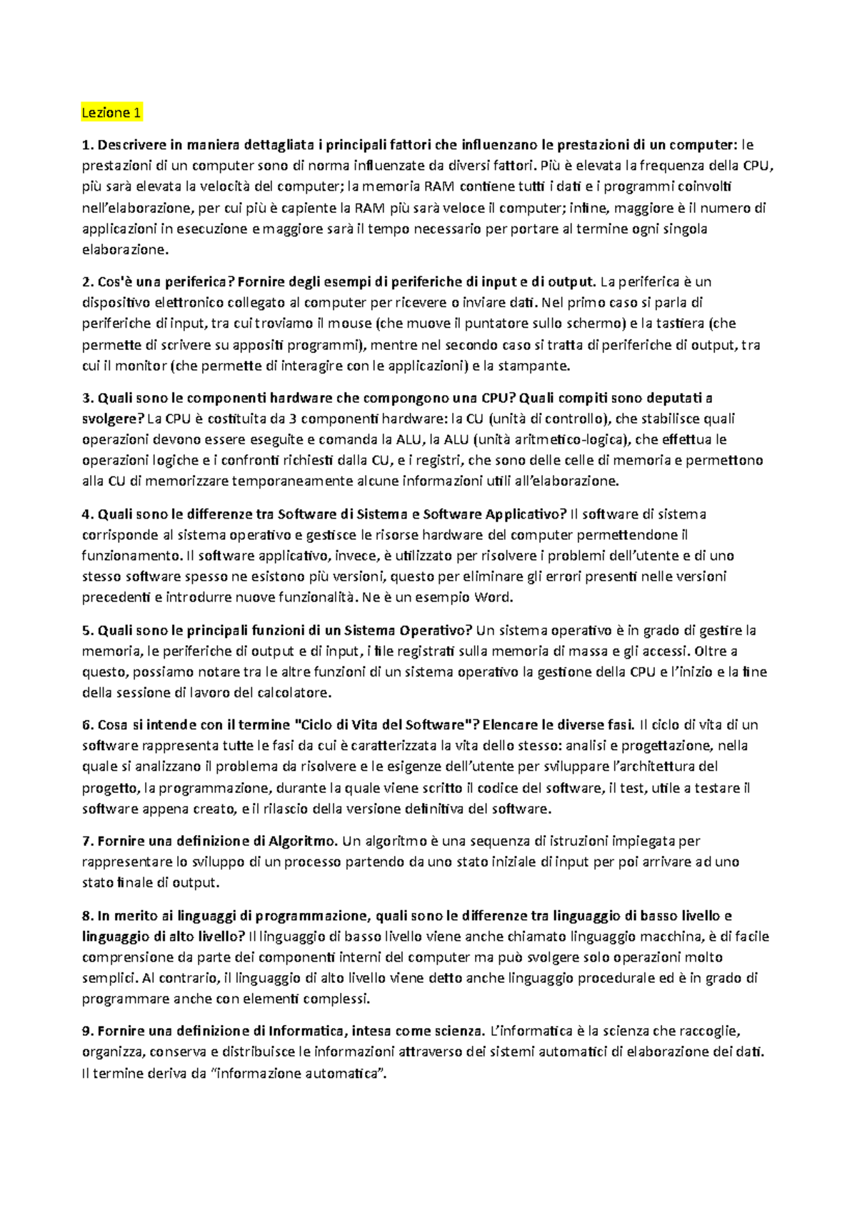 Domande Aperte Informatica - Lezione 1 Descrivere in maniera ...