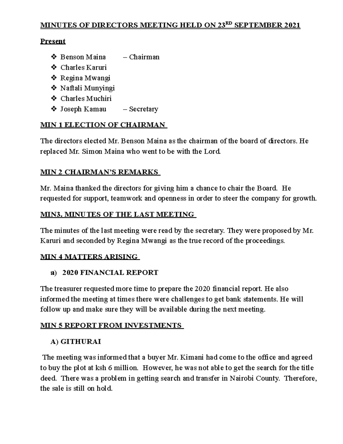 Minutes OF Directors Meeting HELD ON 23RD September 2021 - MINUTES OF ...