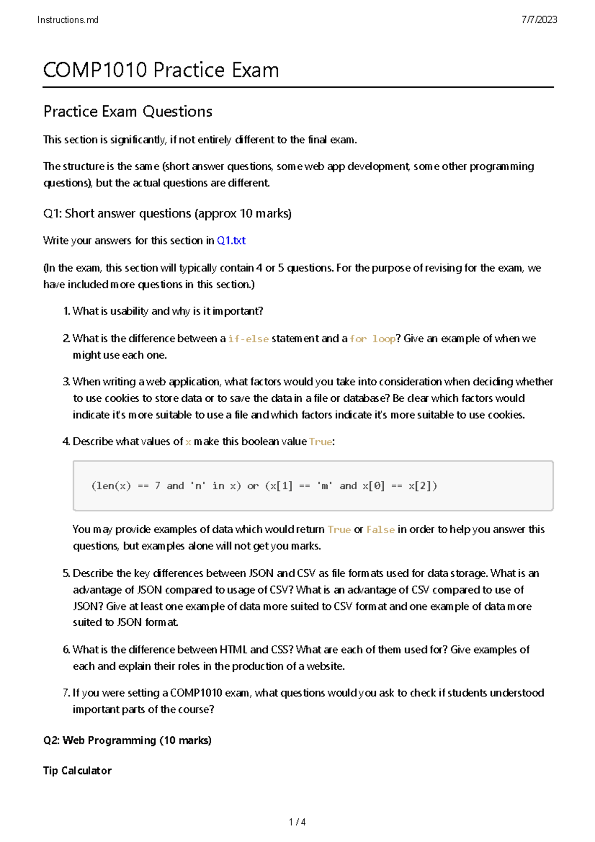 Instructions Comp1010 Practice Exam Comp1010 Practice Exam Practice Exam Questions This 