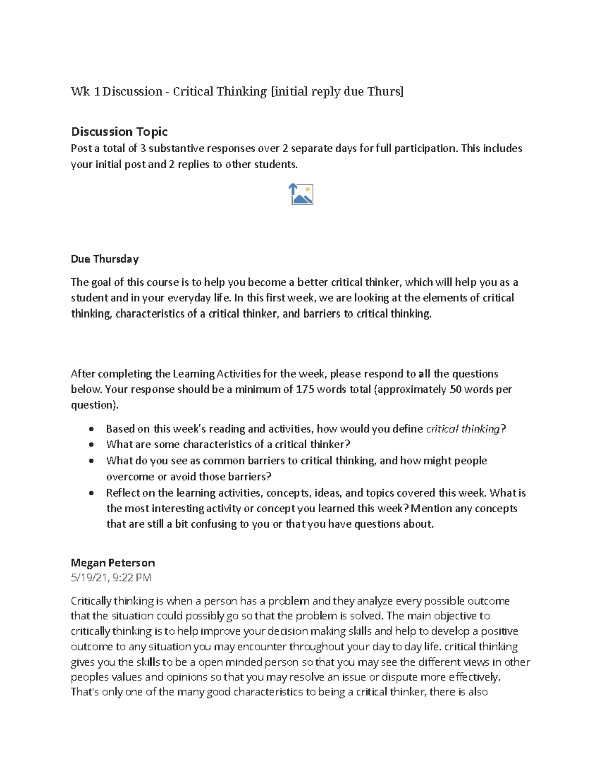 Critical thinking week 1 discussion - Wk 1 Discussion - Critical ...