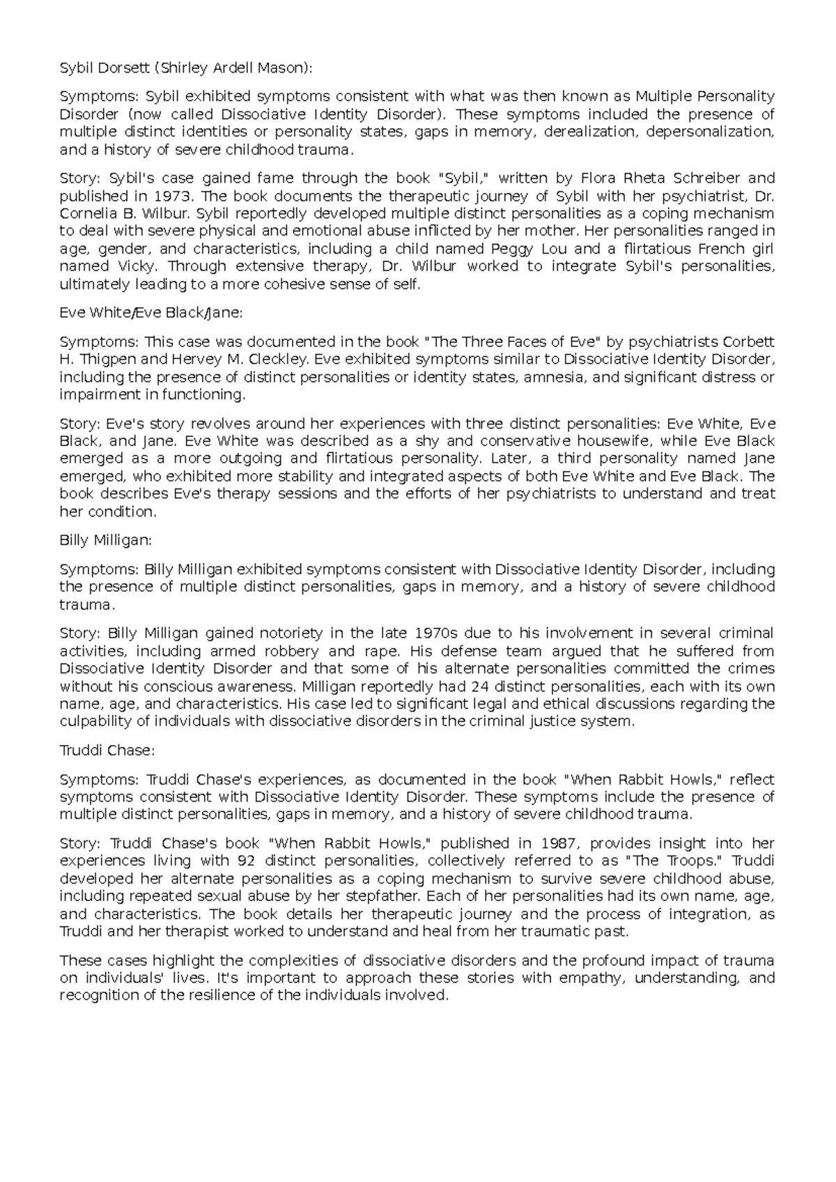 DID - Disorders - Sybil Dorsett (Shirley Ardell Mason): Symptoms: Sybil ...