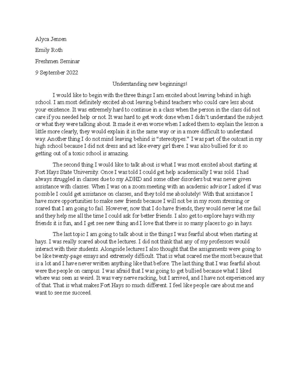 Understanding New Beginnings - Alyca Jensen Emily Roth Freshmen Seminar ...