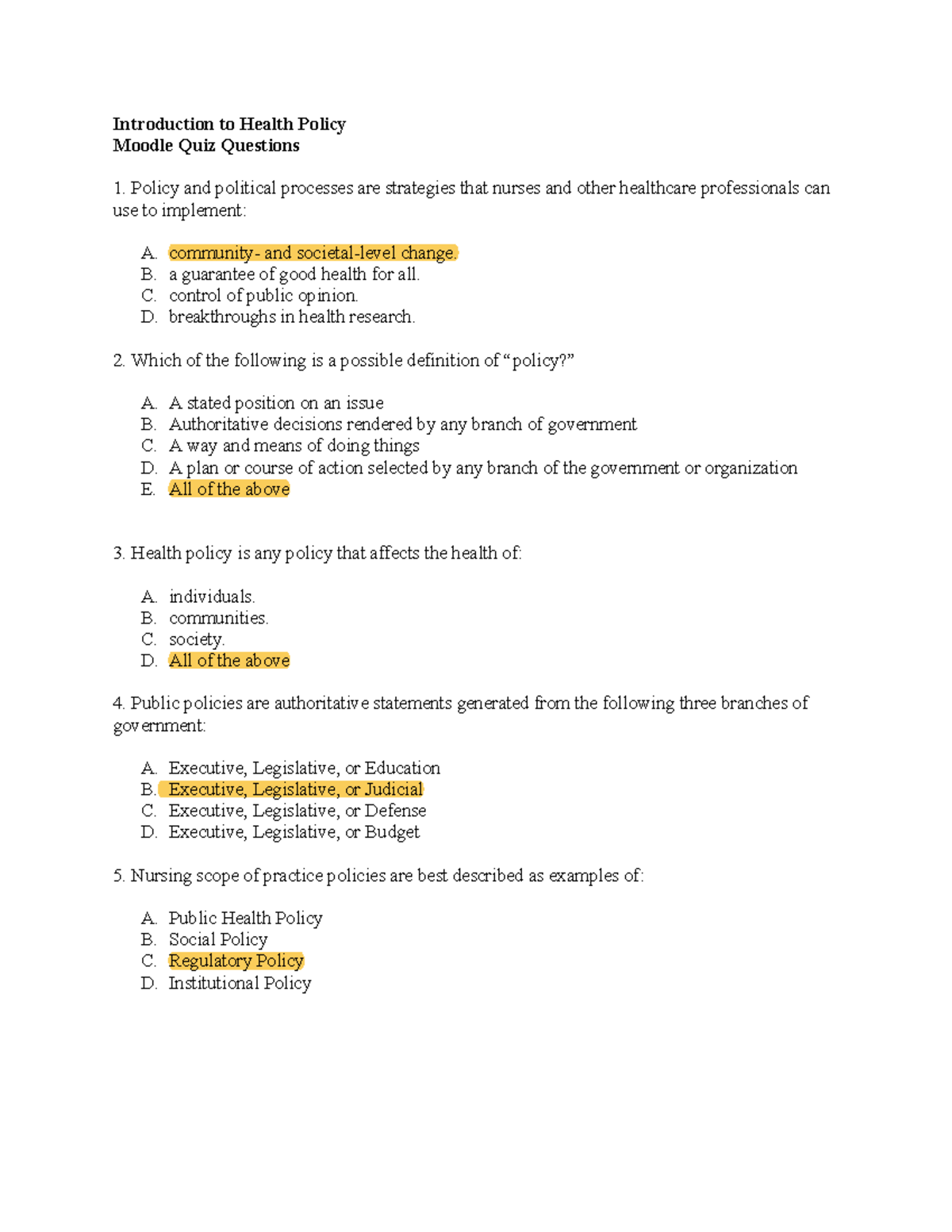 NSG 307 Midterm Questions - Introduction to Health Policy Moodle Quiz ...