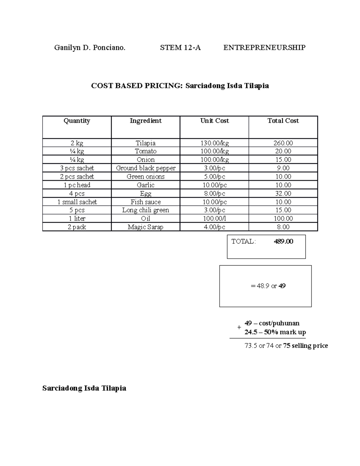 COST Based Pricing - STUDY WELL, KIDS - Ganilyn D. Ponciano. STEM 12-A ENTREPRENEURSHIP COST ...