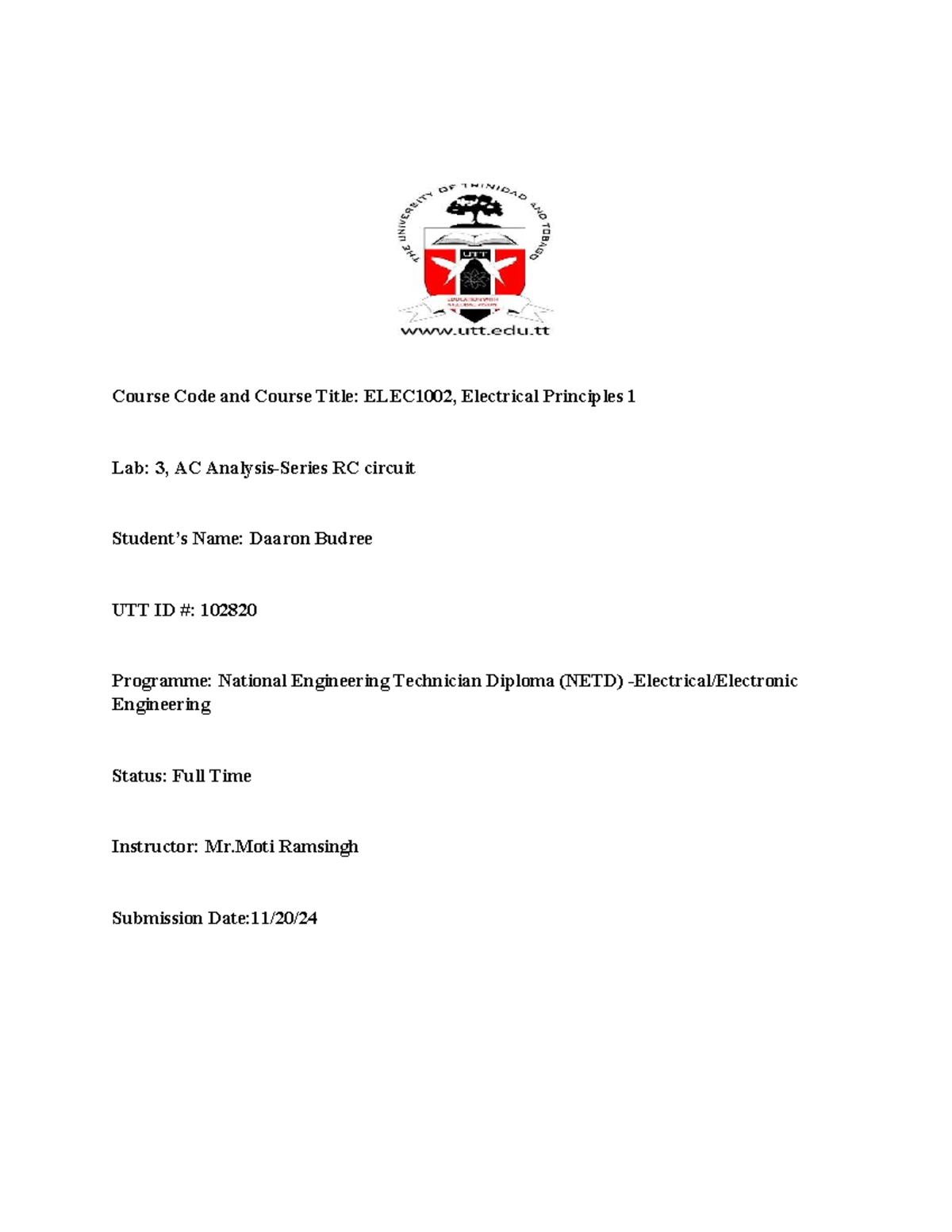 Lab3 AC - LAB 3 - Course Code and Course Title: ELEC1002, Electrical ...