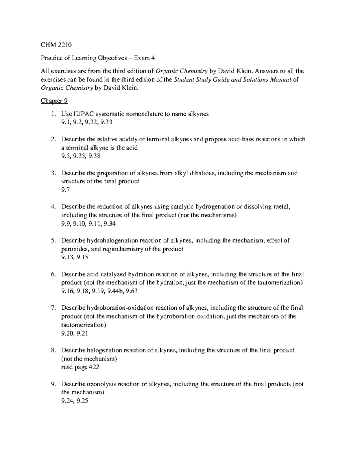 Practice of Learning Objectives - Exam 4 - CHM 2210 Practice of ...
