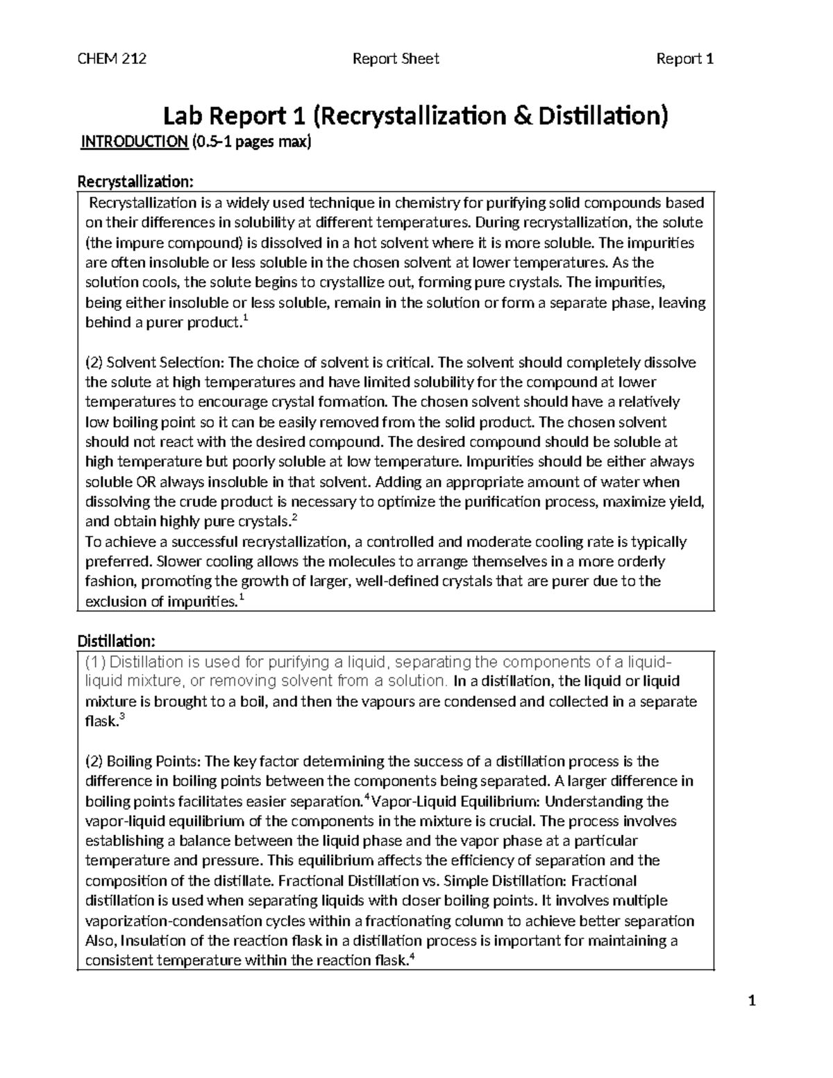 212-template-report 1 - Lab Report 1 (Recrystallization & Distillation) INTRODUCTION (0-1 pages ...