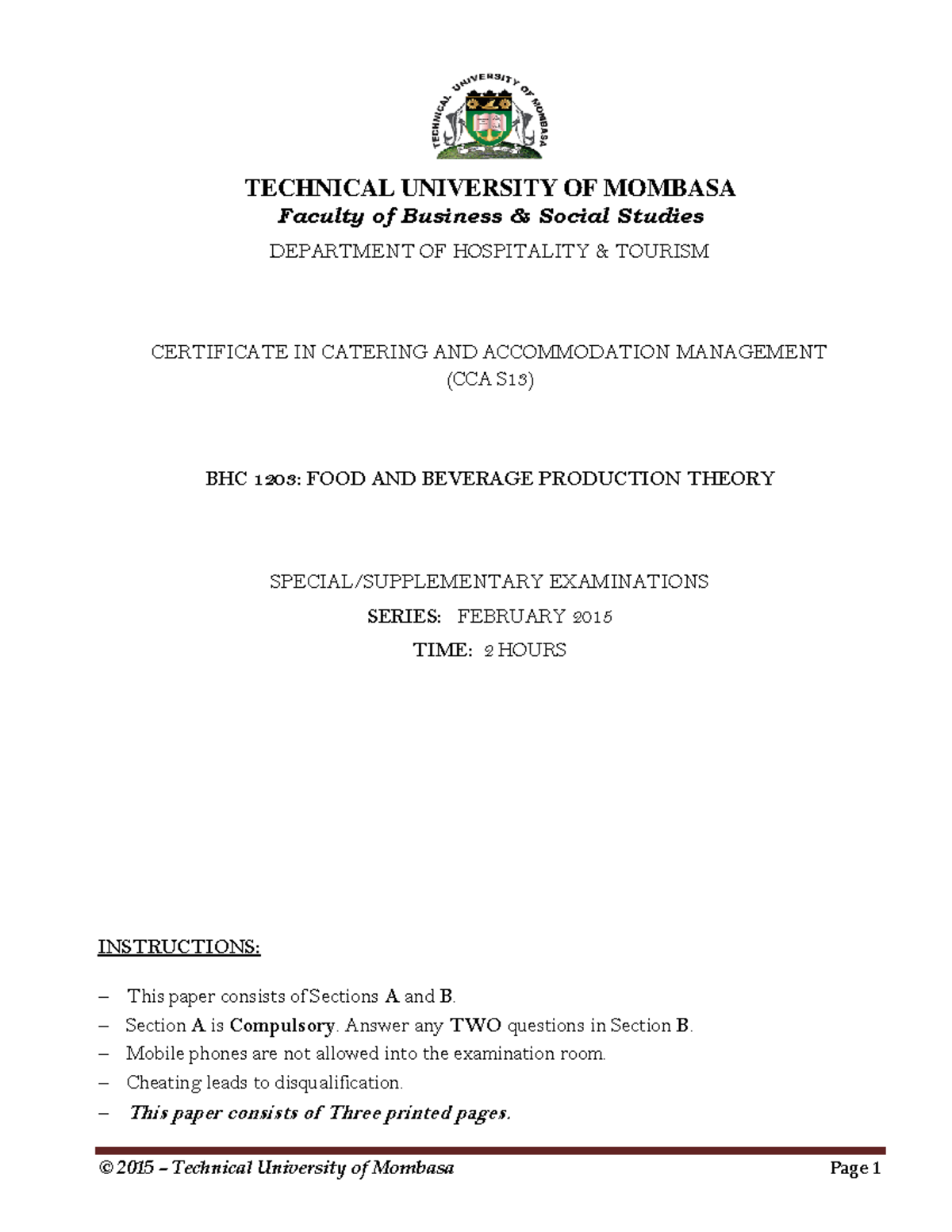 FOOD AND Beverage Production Theory BAC 1203 - © 2015 – Technical ...