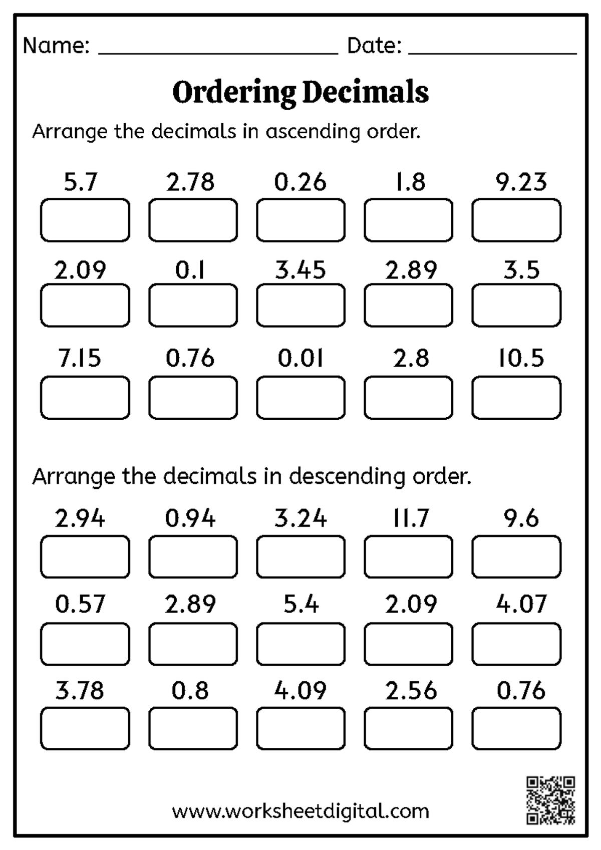 Ordering Decimals worksheet 2 rocmhx - Teaching profession ...