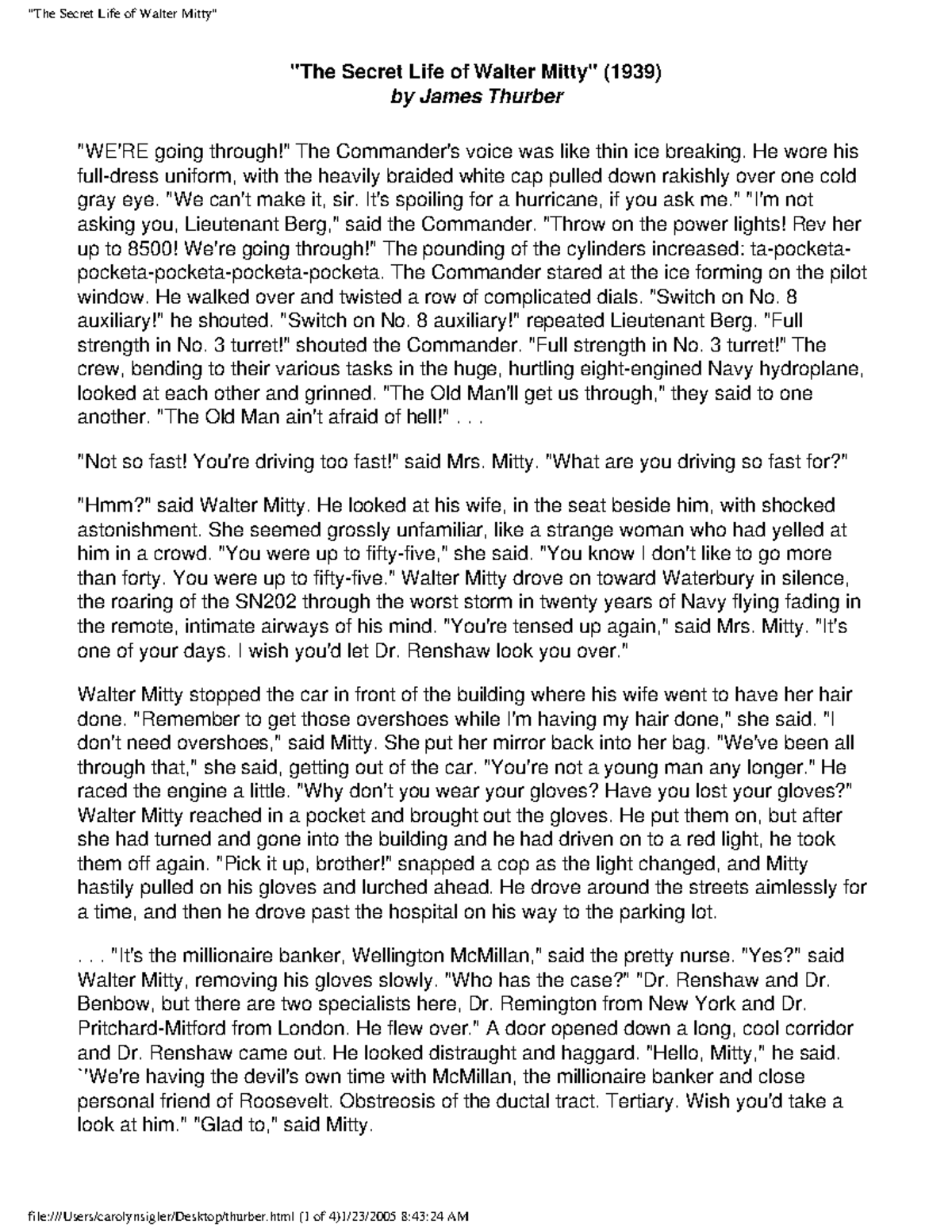 The secret life of walter mitty-thurber - story questions - "The Secret ...