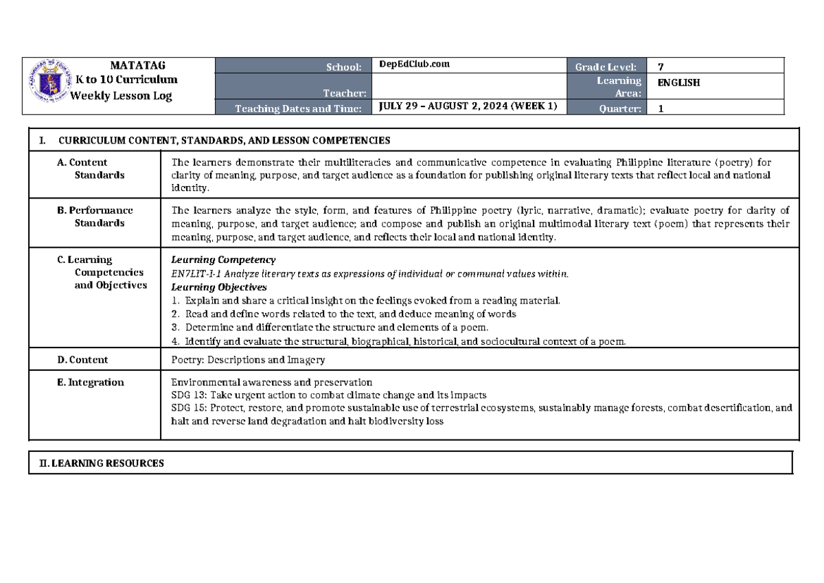 DLL Matatag English 7 Q1 W1 - MATATAG K to 10 Curriculum Weekly Lesson Log School: DepEdClub ...