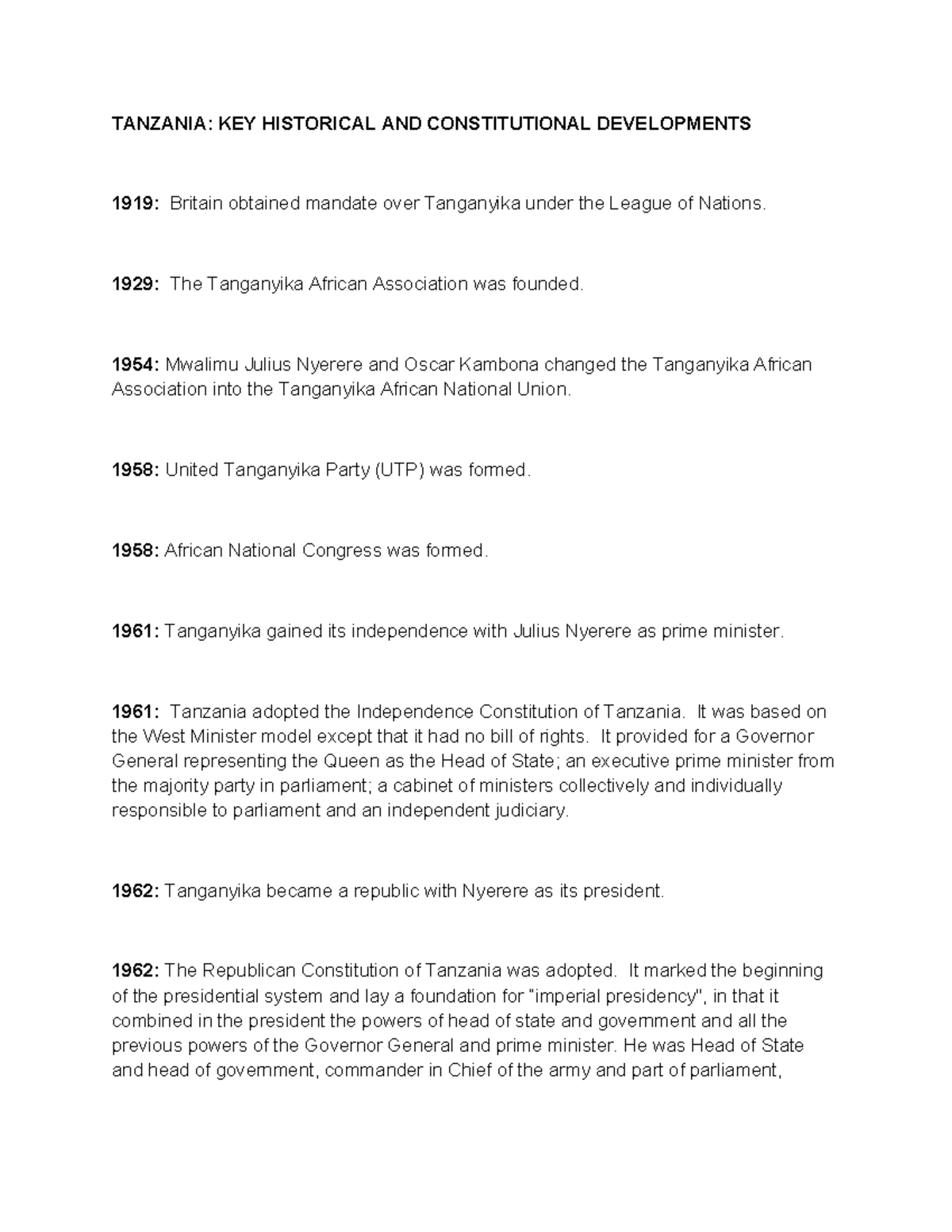 Constitutional Developments - TANZANIA: KEY HISTORICAL AND ...