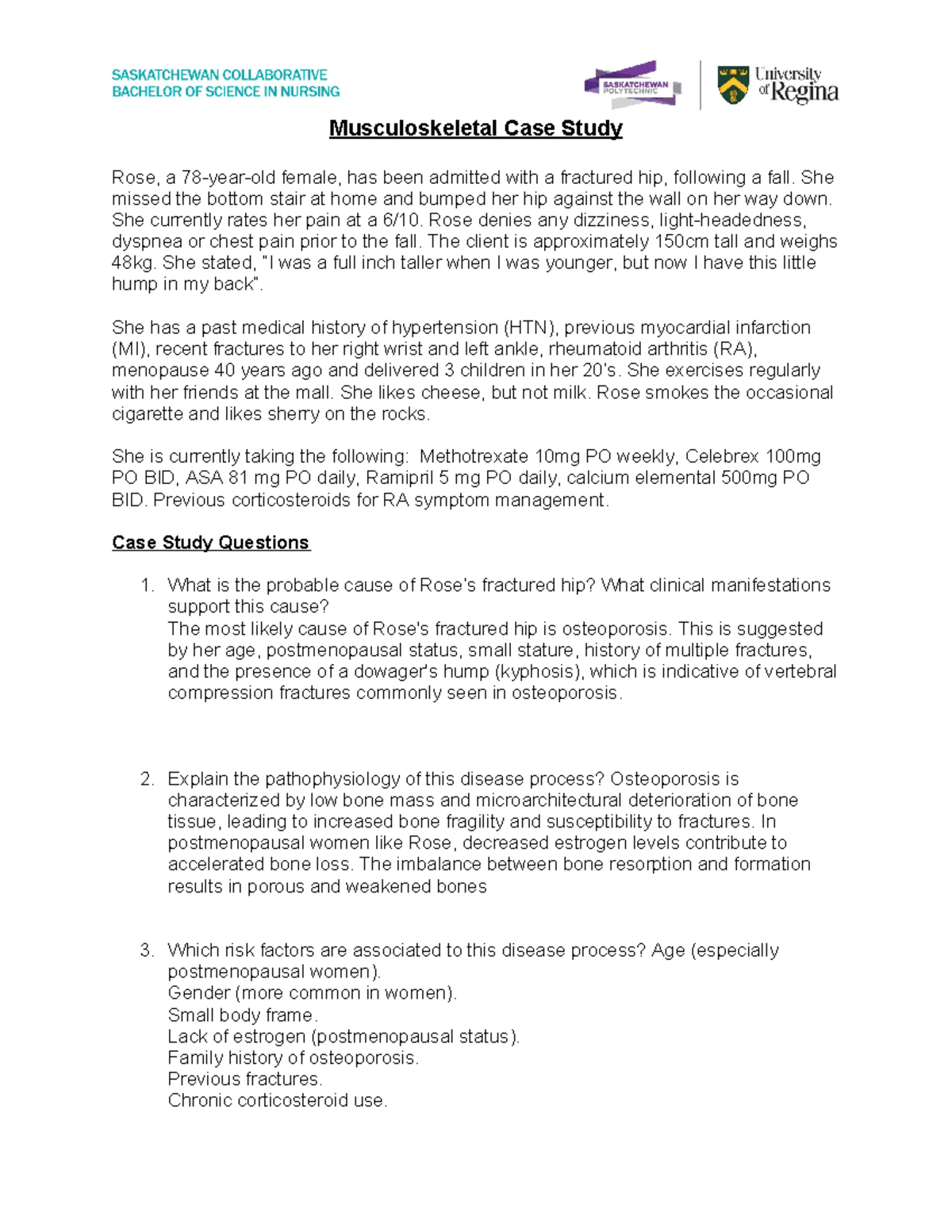 Musculoskeletal Case Study - Musculoskeletal Case Study Rose, a 78-year ...