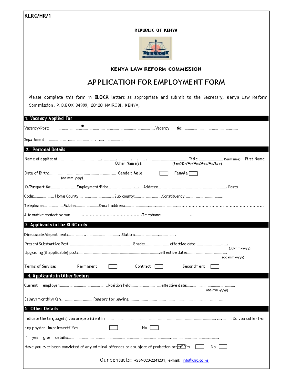 KLRC-Employment-form KLRC-HR -1 - KLRC/HR/ REPUBLIC OF KENYA KENYA LAW ...