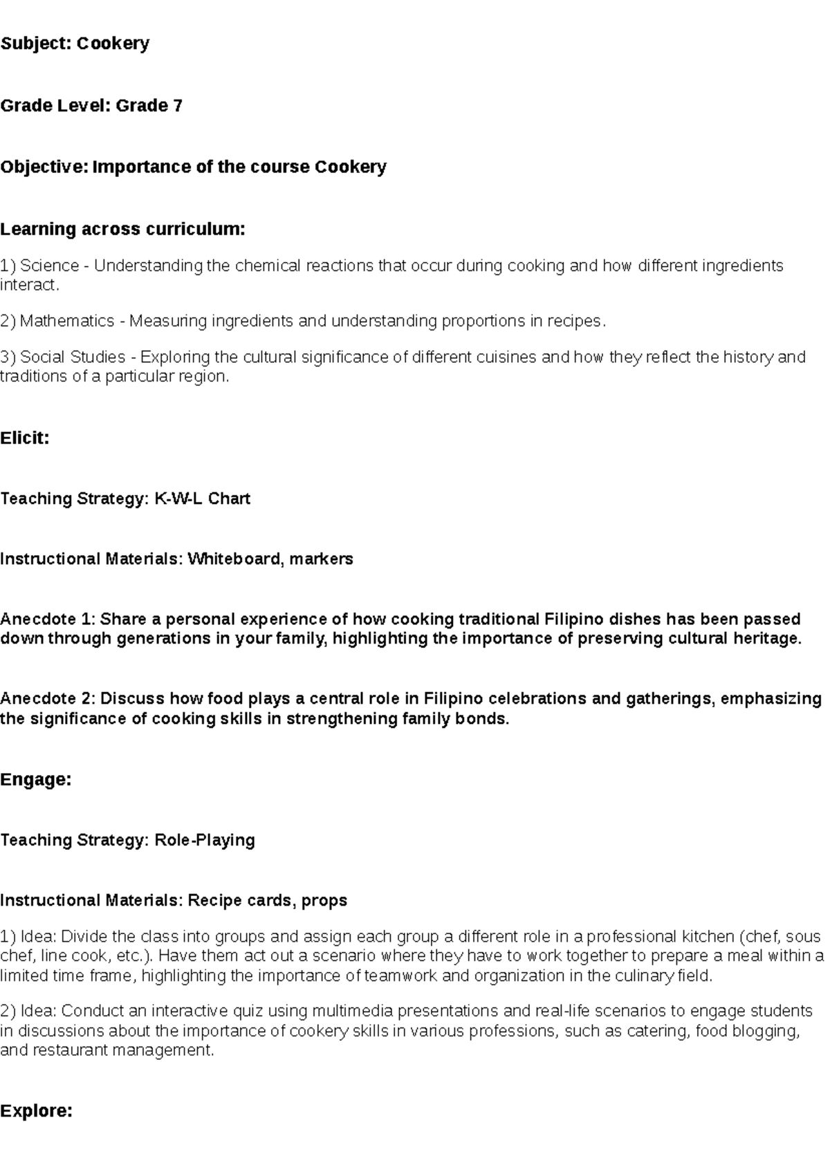 Importance of the course Cookery - Subject: Cookery Grade Level: Grade ...