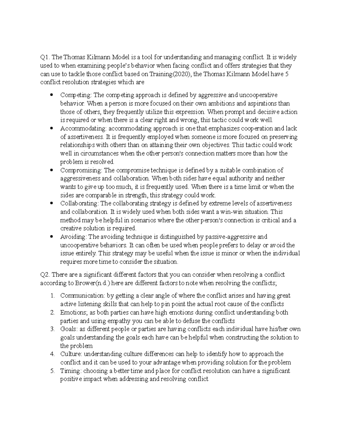 Interpersonal communication Managing Conflicts - Q1. The Thomas Kilmann ...