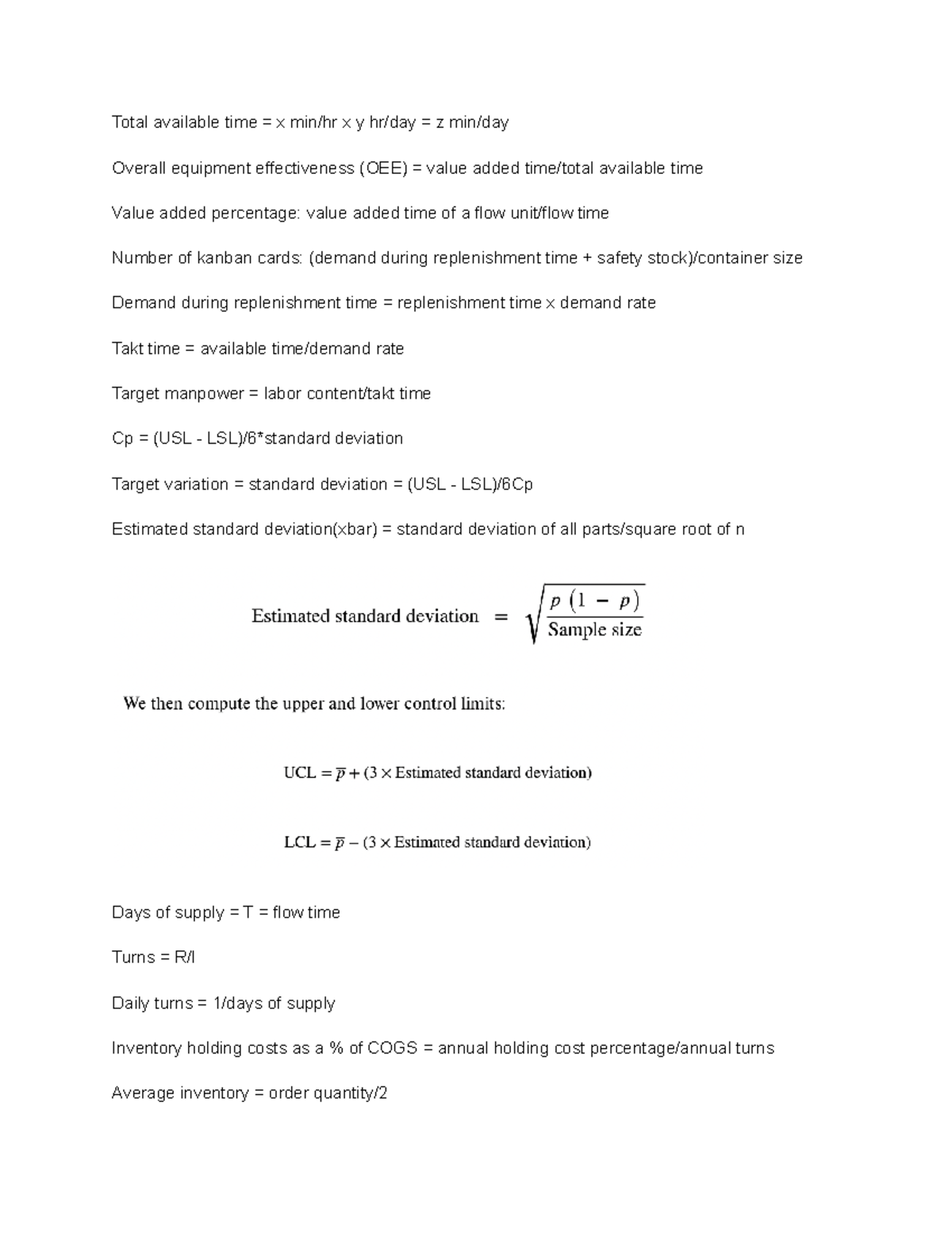 Final Formulas - Total available time = x min/hr x y hr/day = z min/day ...