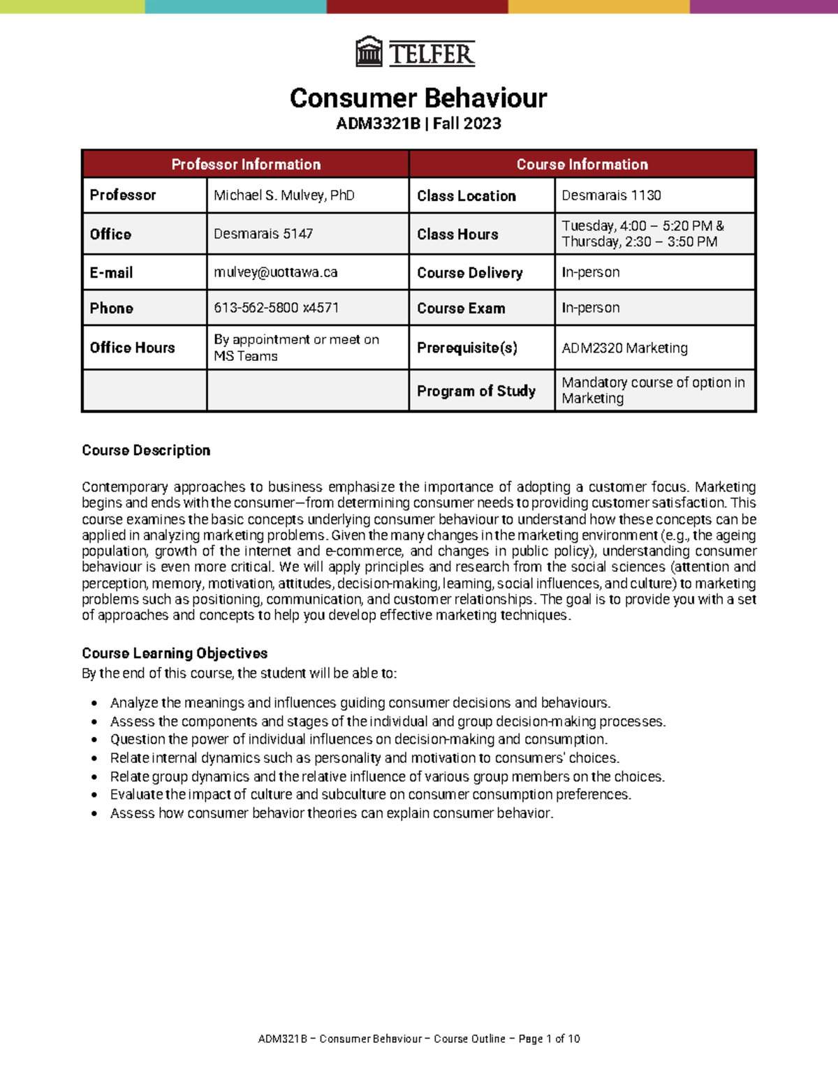 Fall 2023 ADM3321B - Syllabus - Consumer Behaviour ADM3321B | Fall 2023 ...