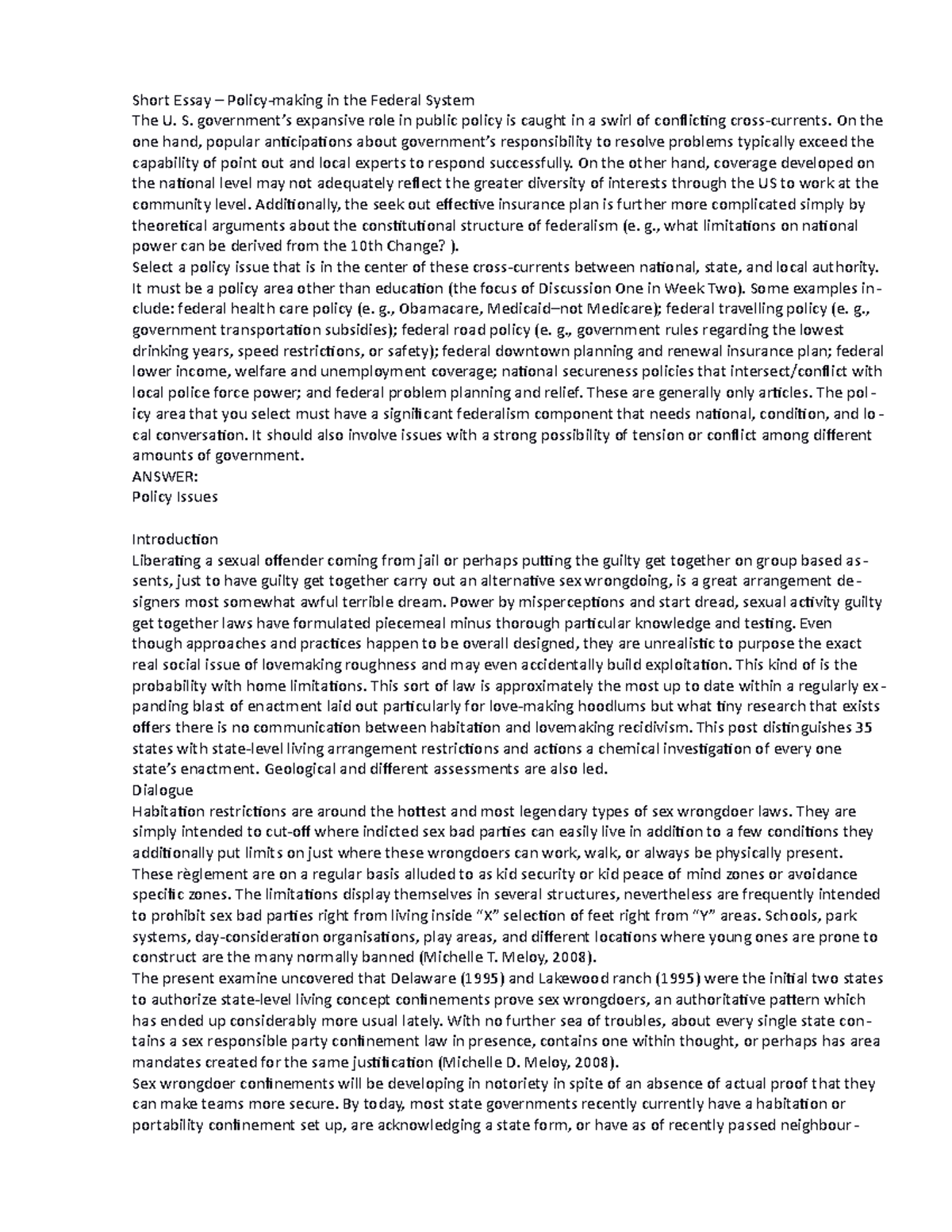 Short Essay – Policy-making in the Federal System 5 - S. government’s ...