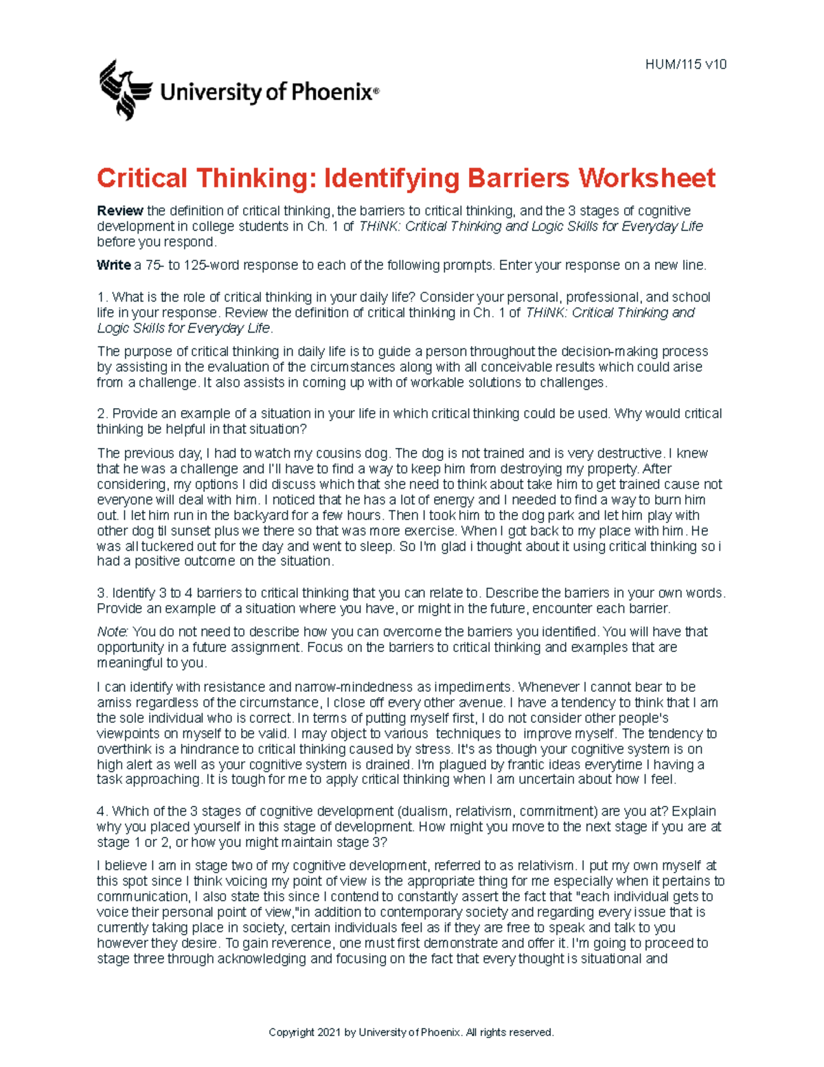 Hum115 v10 wk1 critical thinking identifying barriers worksheet - HUM ...