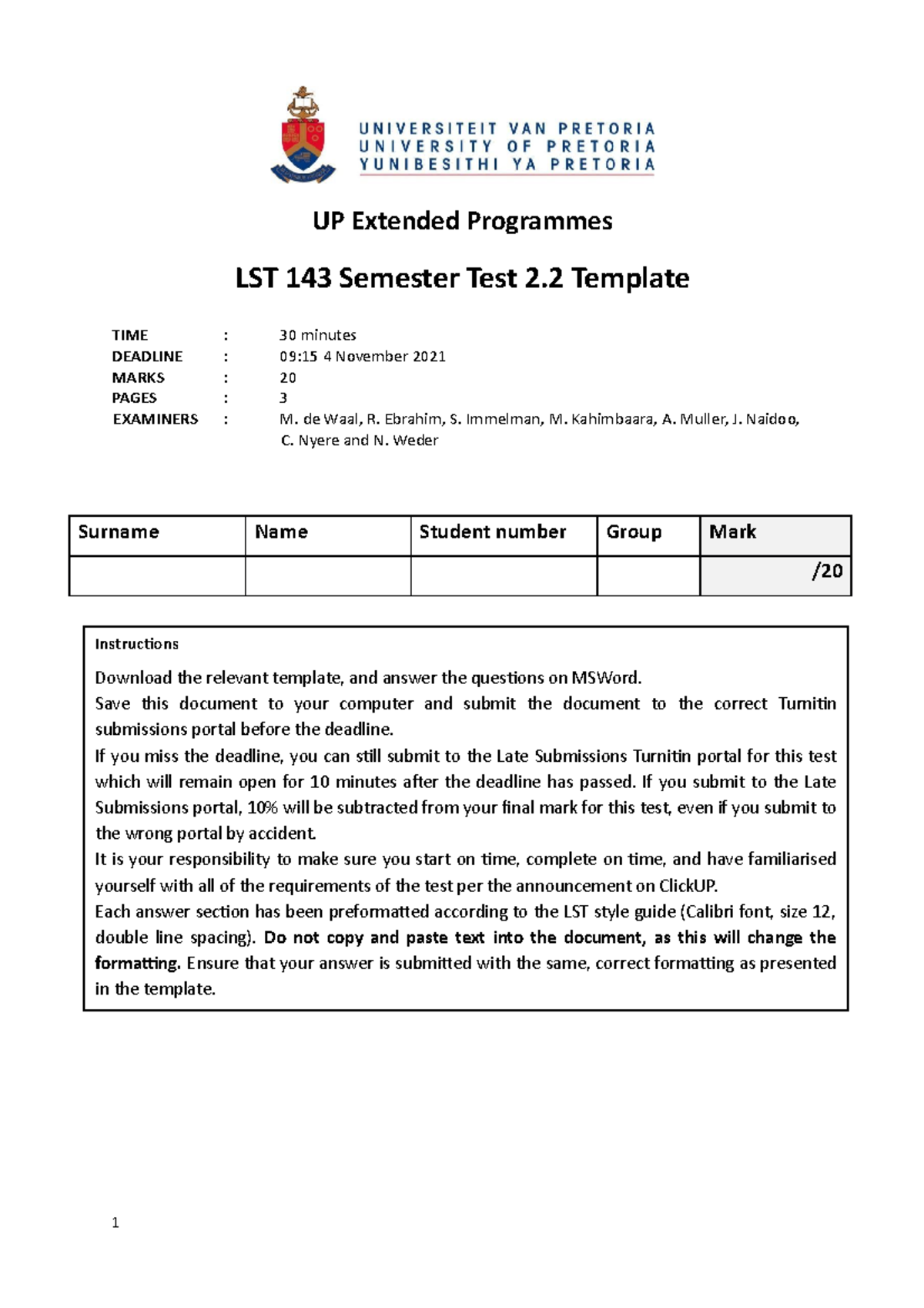 LST 143 Semester Test 2.2 Template - UP Extended Programmes LST 143 ...