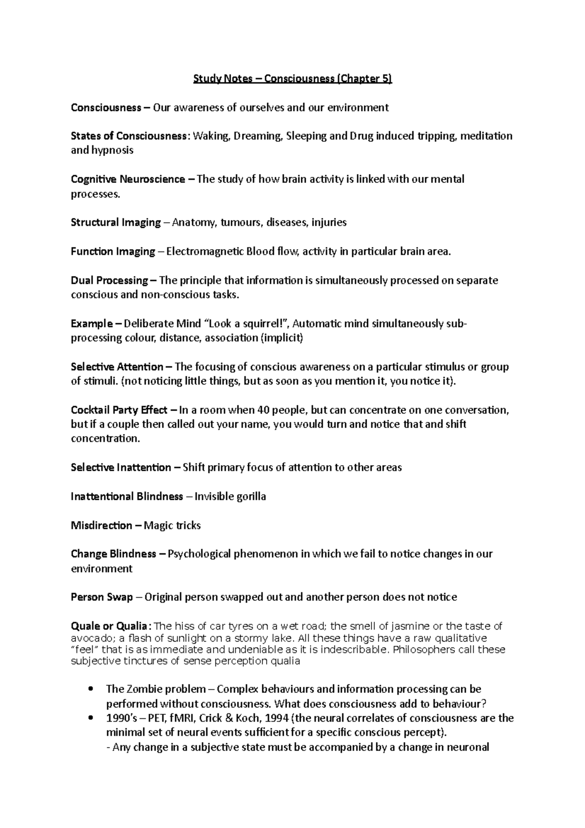 6. Consciousness - Study Notes – Consciousness (Chapter 5 ...