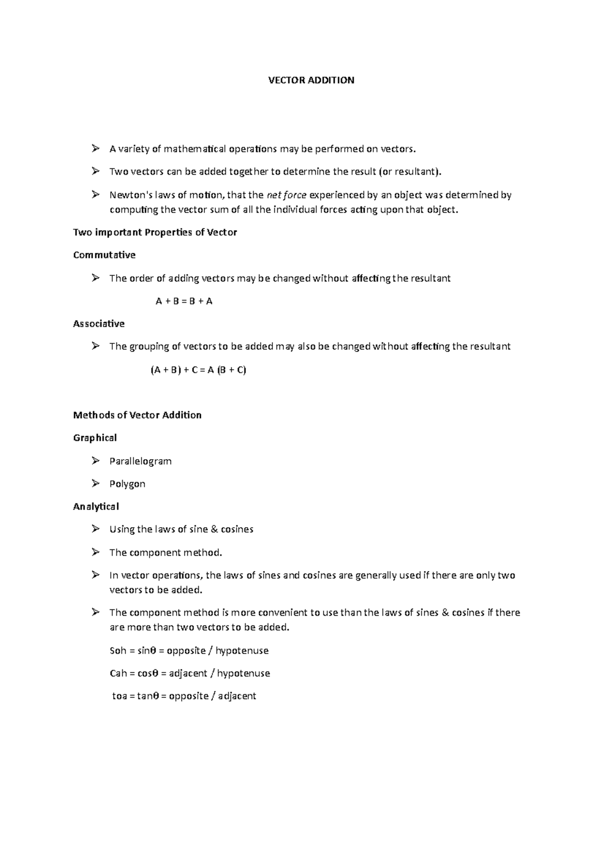 Vector Addition - summary - VECTOR ADDITION A variety of mathematical ...