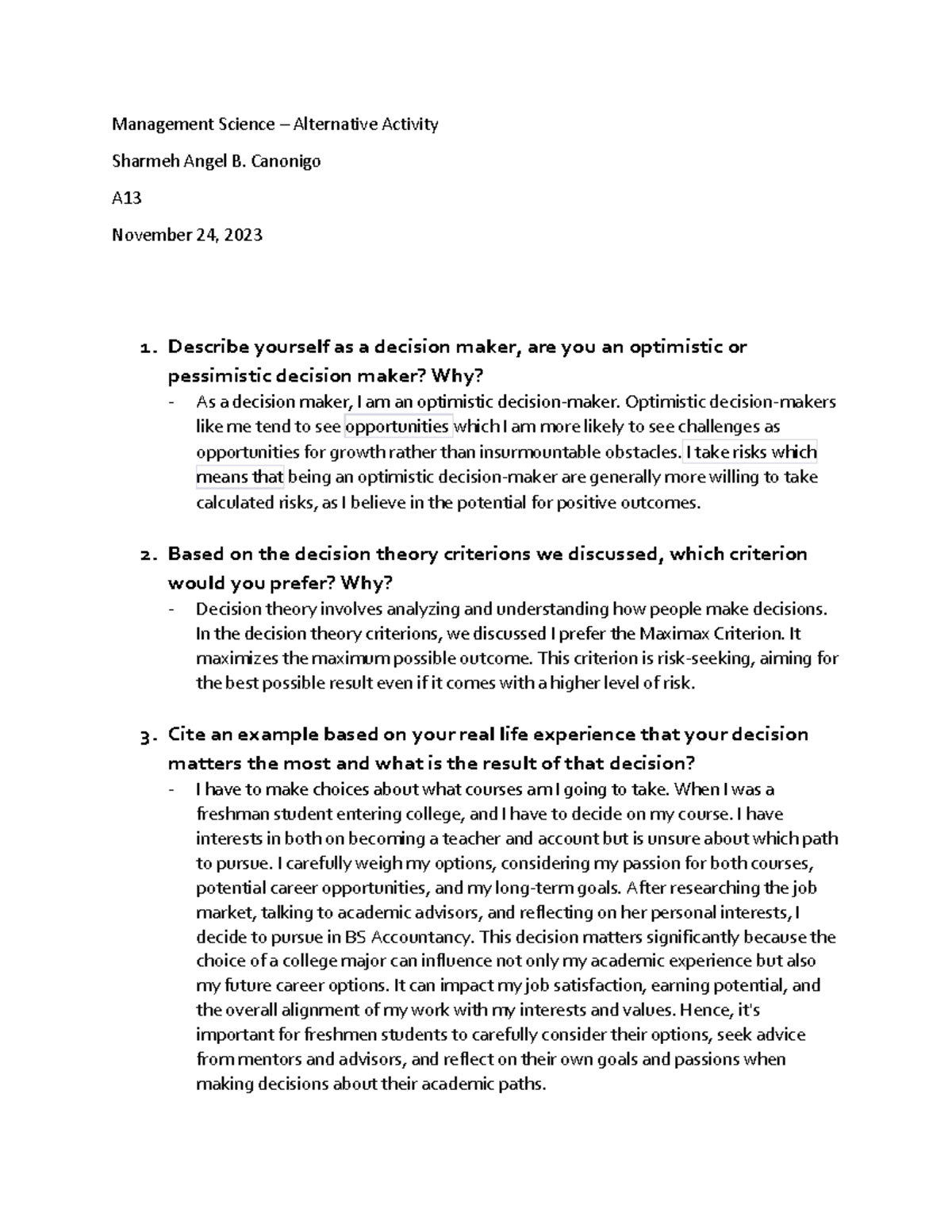 Alternative Activity - Management Science – Alternative Activity ...