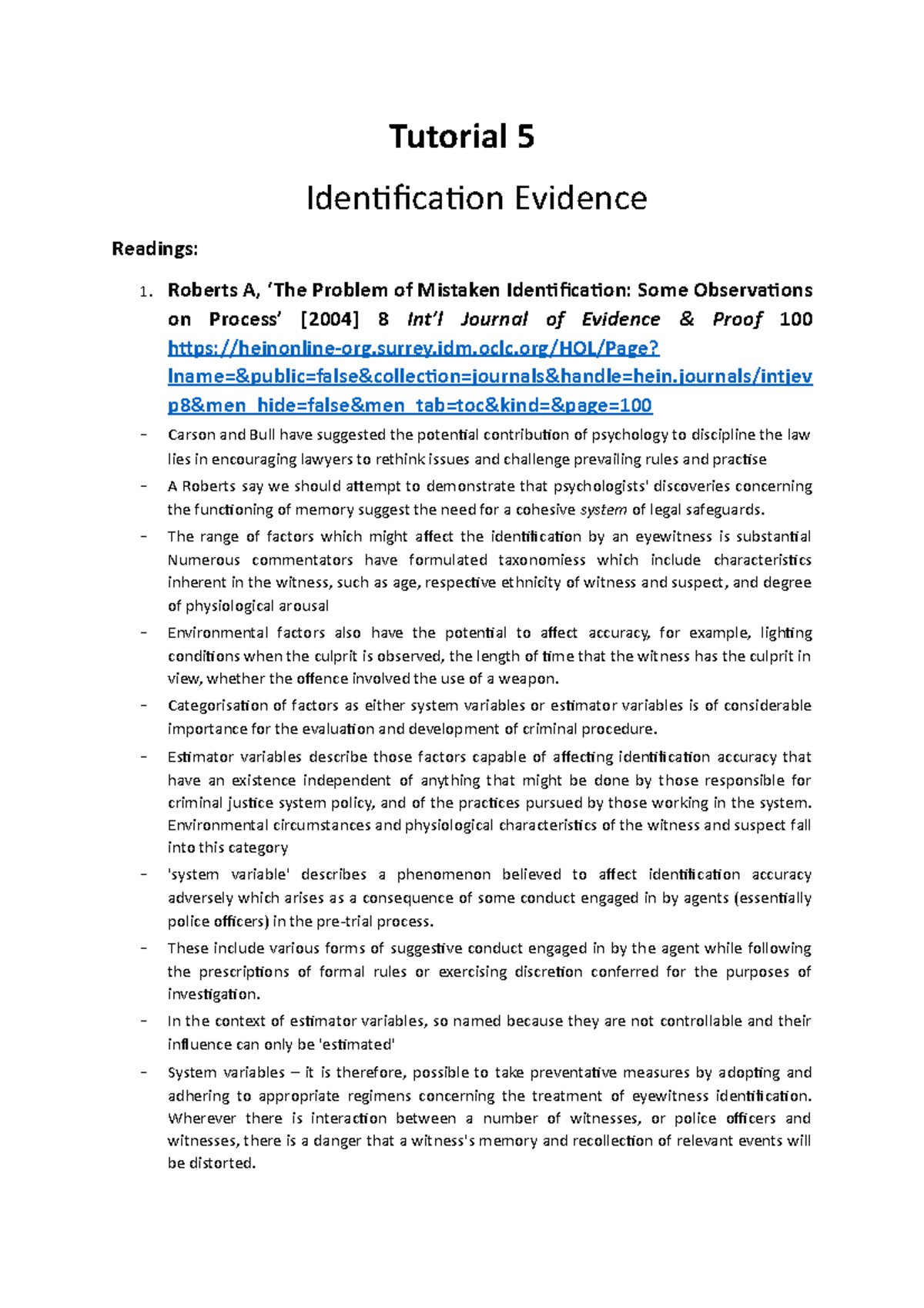 Tut 5 ID - Tutorial 5 - Identification Evidence Notes - Tutorial 5 ...