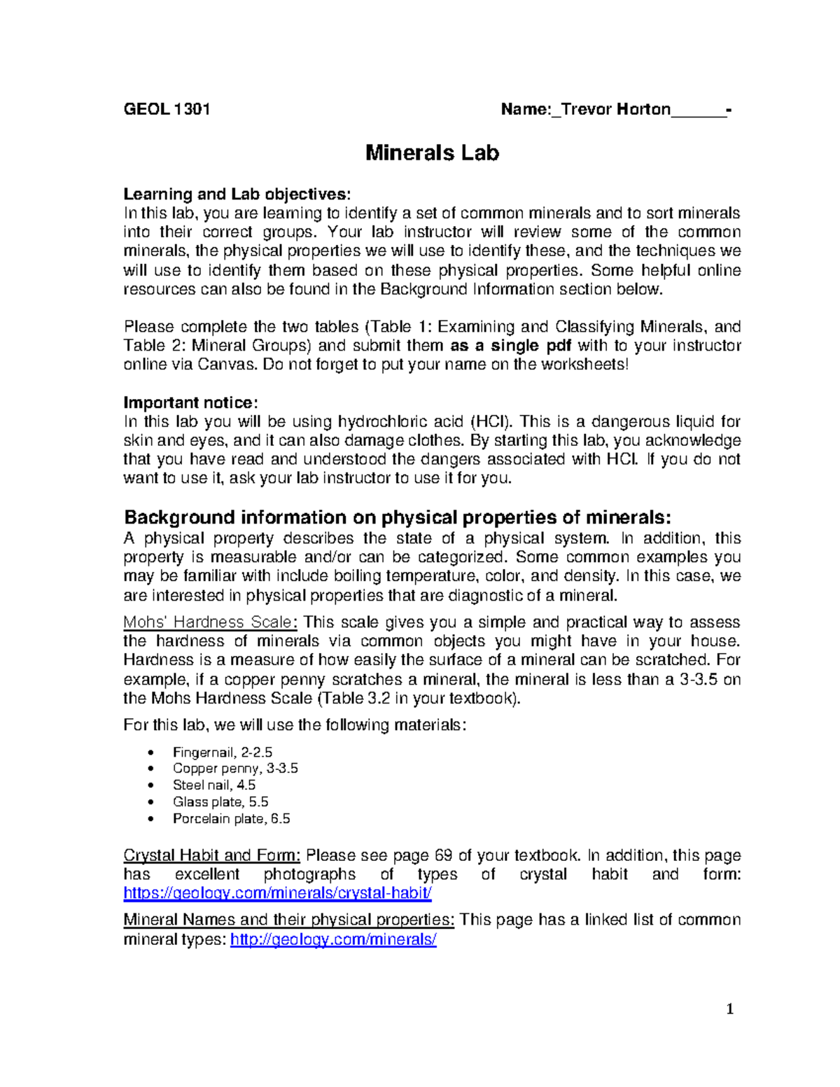 GEOL 1301 - Lab 02 - Minerals - GEOL 1301 Name:Trevor Horton_____- Minerals Lab Learning and Lab ...