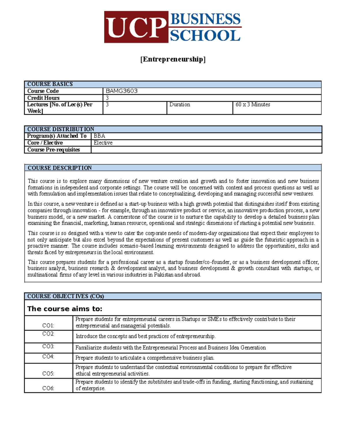 Entrepreneurship - 123 - [Entrepreneurship] COURSE BASICS Course Code ...