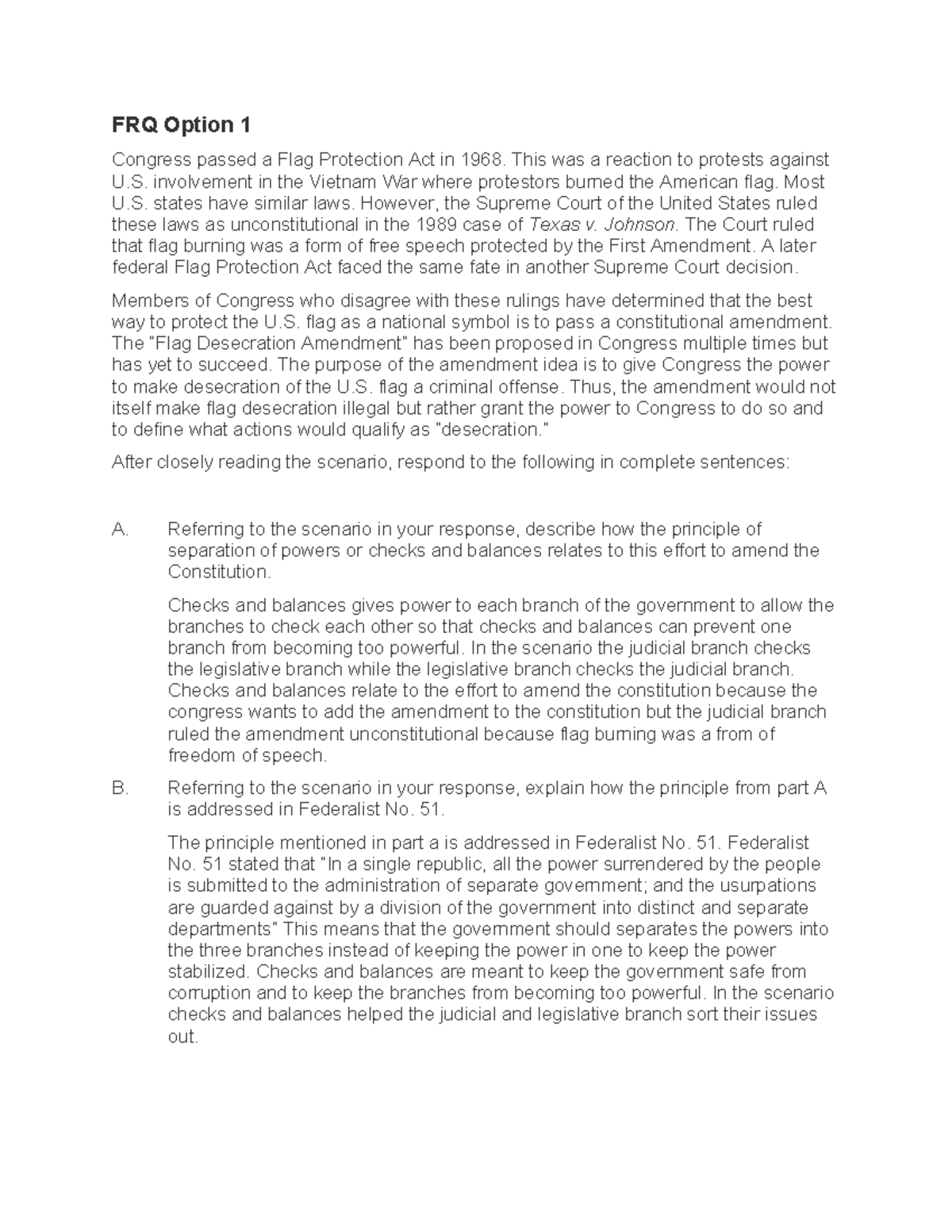 1.05 Seperation Of Powers FRQ - FRQ Option 1 Congress passed a Flag ...
