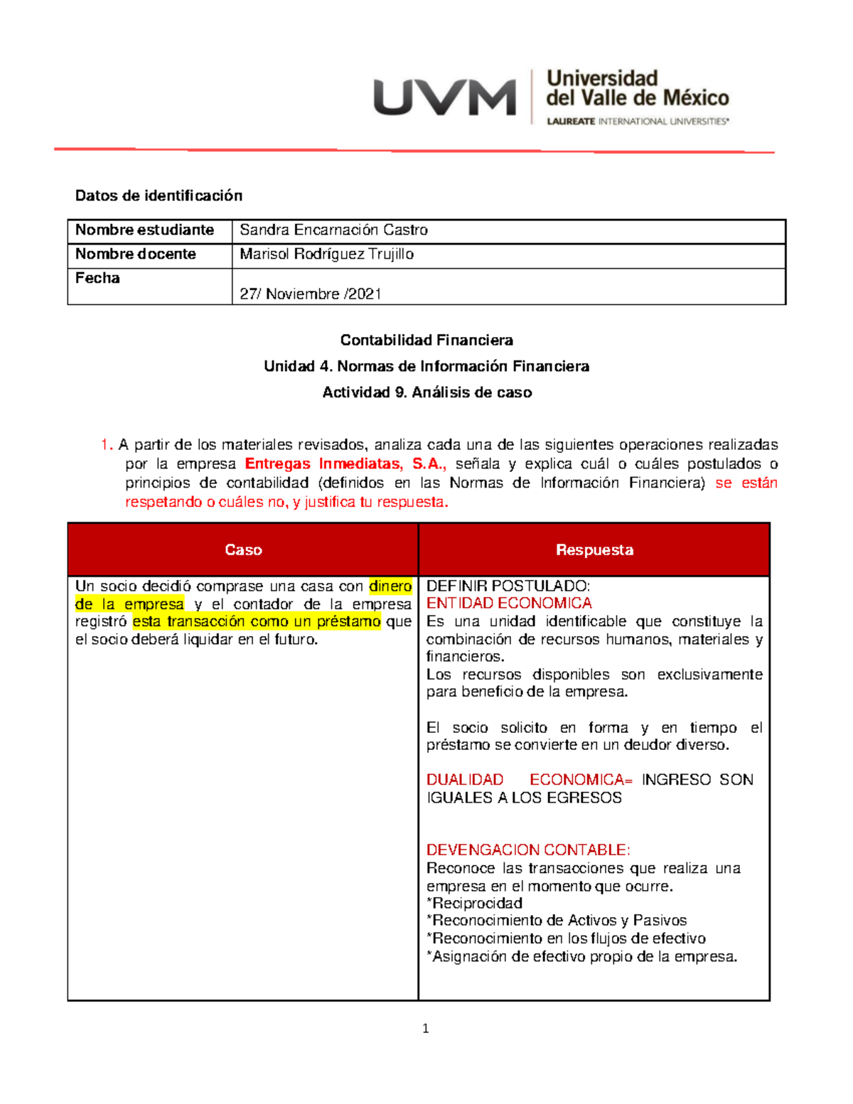 Analisis del Caso Act - Datos de identificación Nombre estudiante ...
