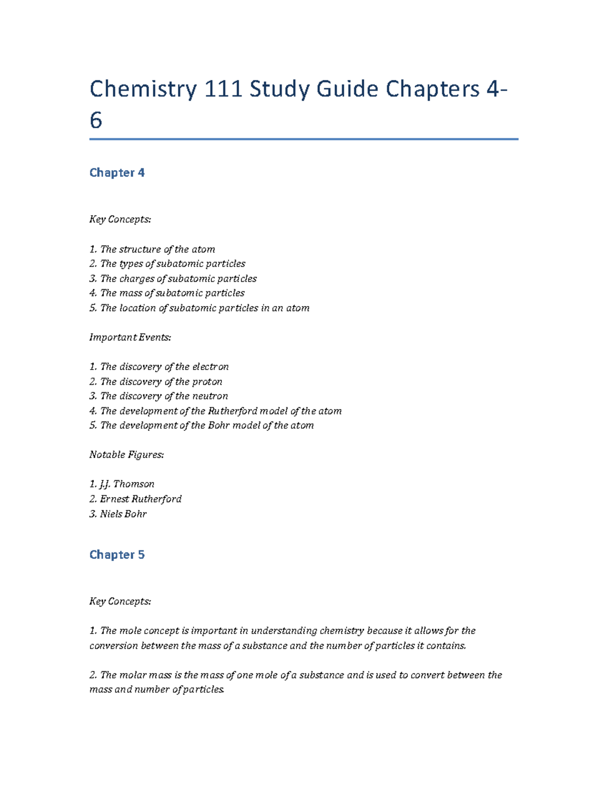 Chemistry 111 Study Guide Chapters 4-6 - Thomson Ernest Rutherford ...
