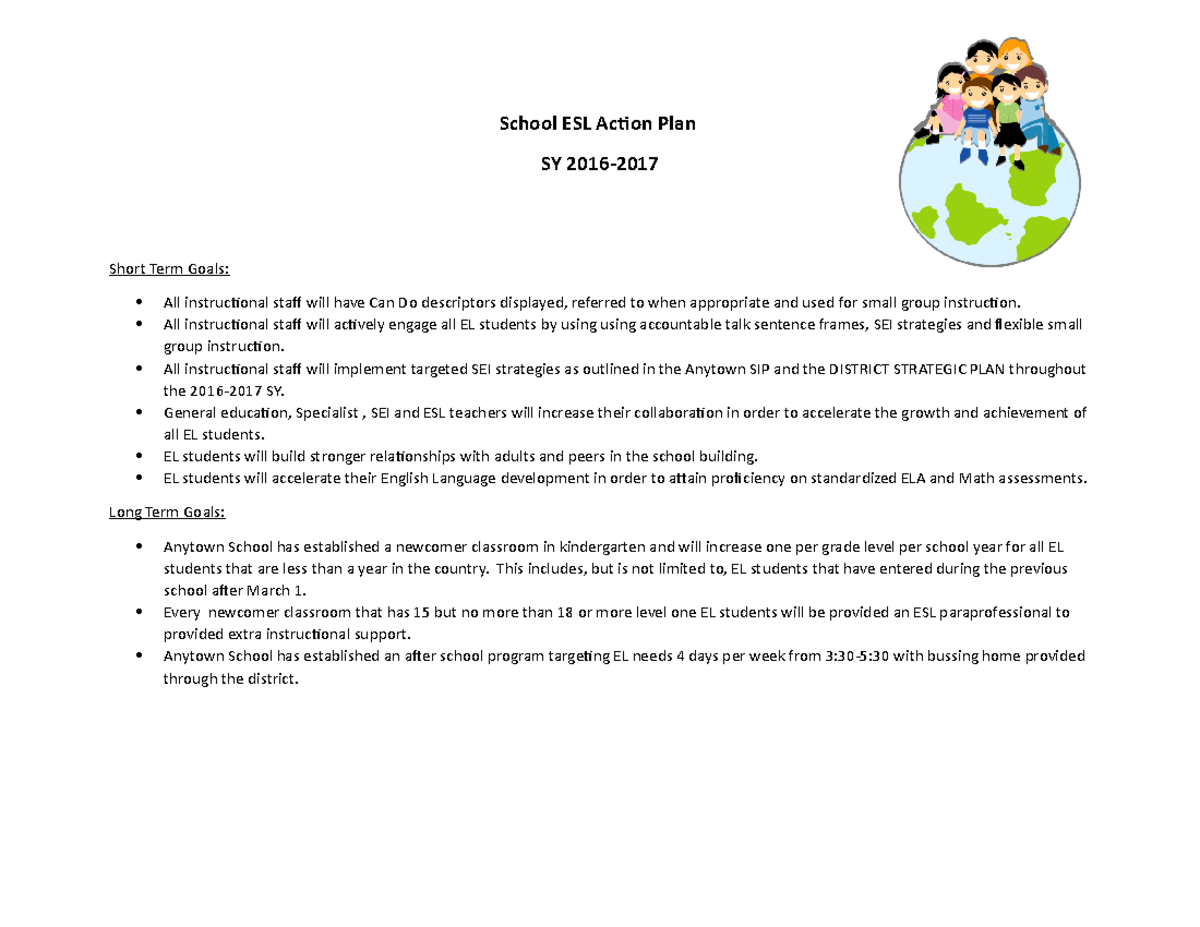 Sample esl action plan - School ESL Action Plan SY 2016- Short Term ...