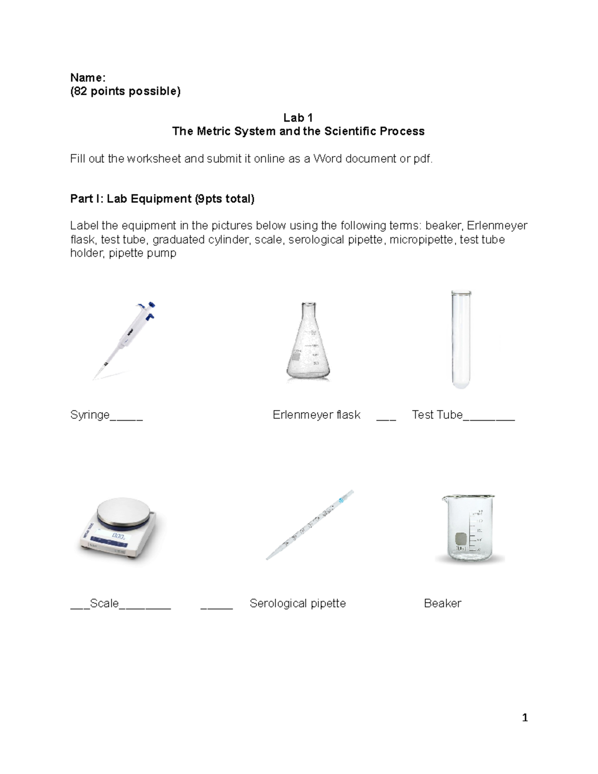 Lab 1 The Metric System and the Scientific Process - Name: (82 points ...