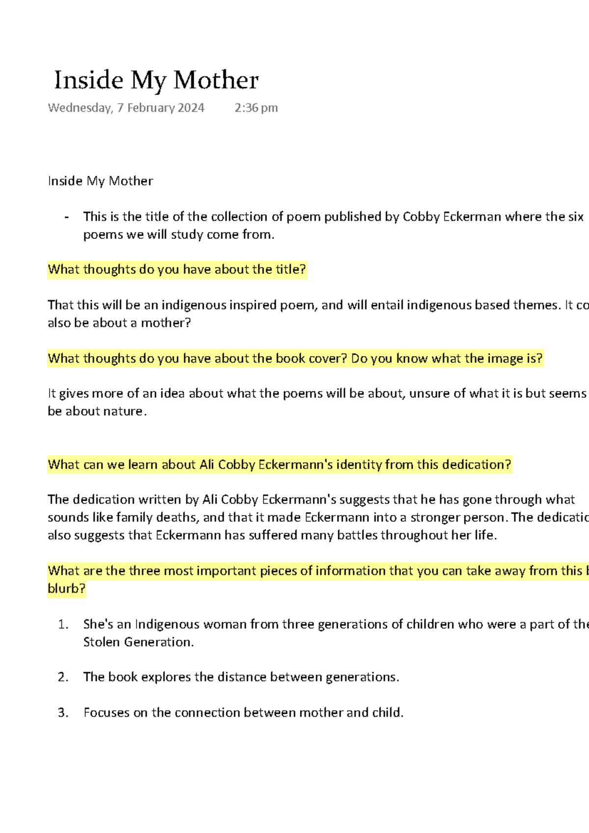 Inside My Mother - Notes. - Inside My Mother This is the title of the ...