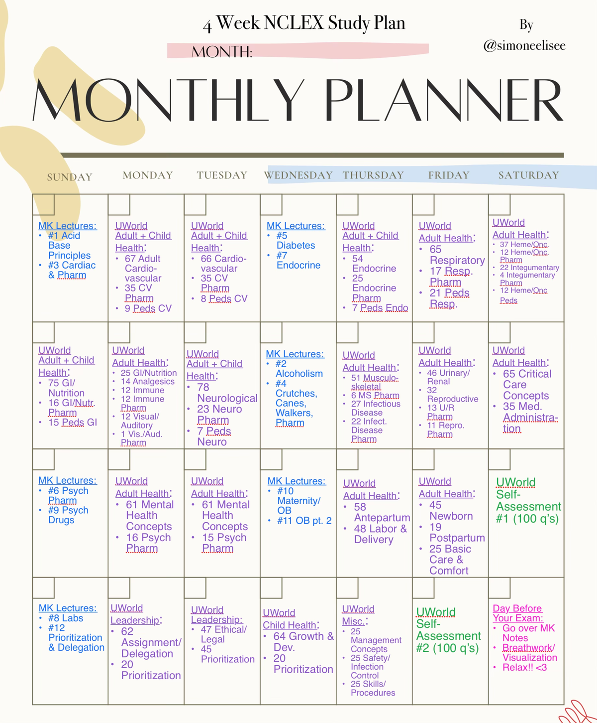 4 Week Nclex Study Plan @simoneelisee - NUR-665E - Studocu