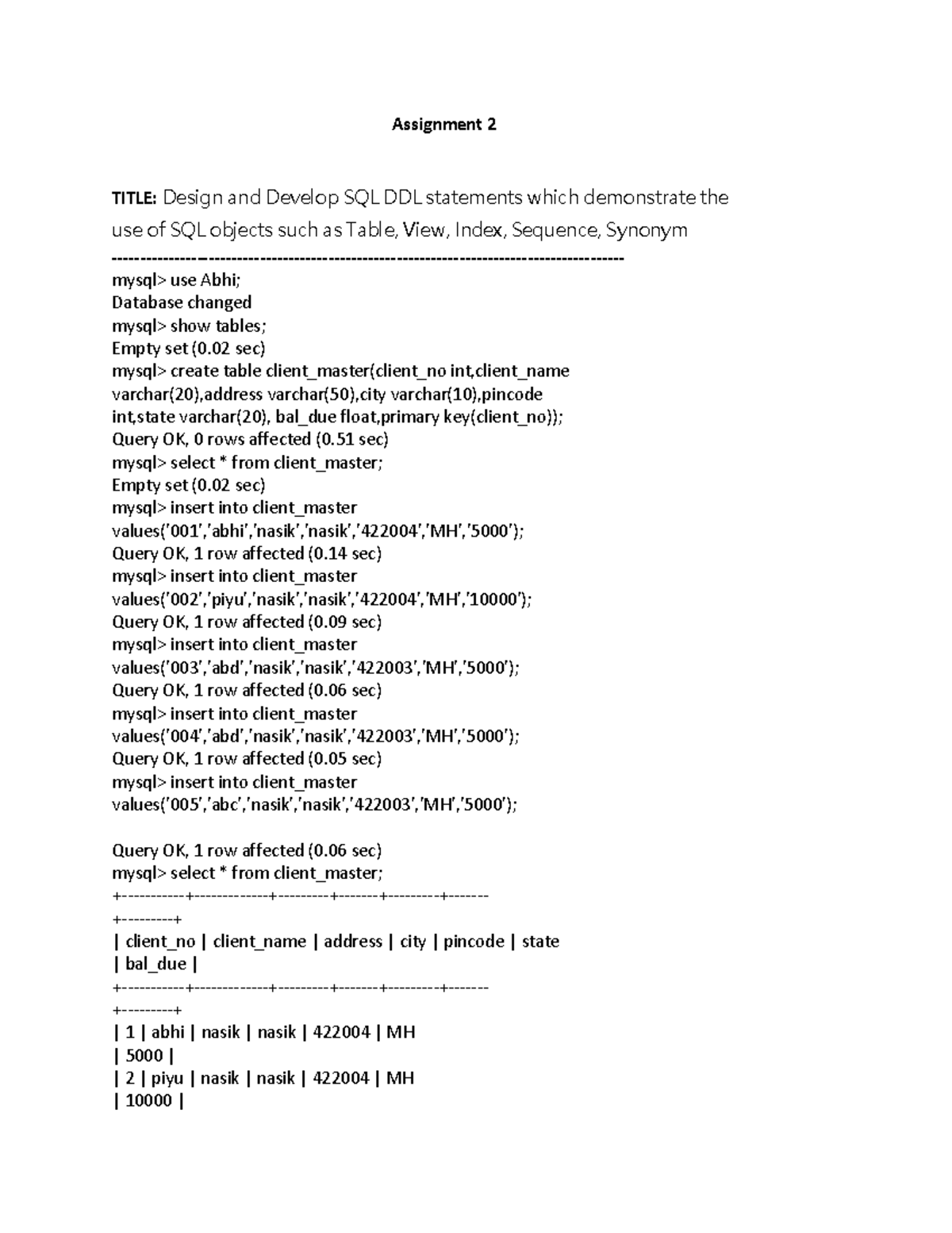 DBMS all programs - Practical program - Assignment 2 TITLE: Design and Develop SQL DDL ...