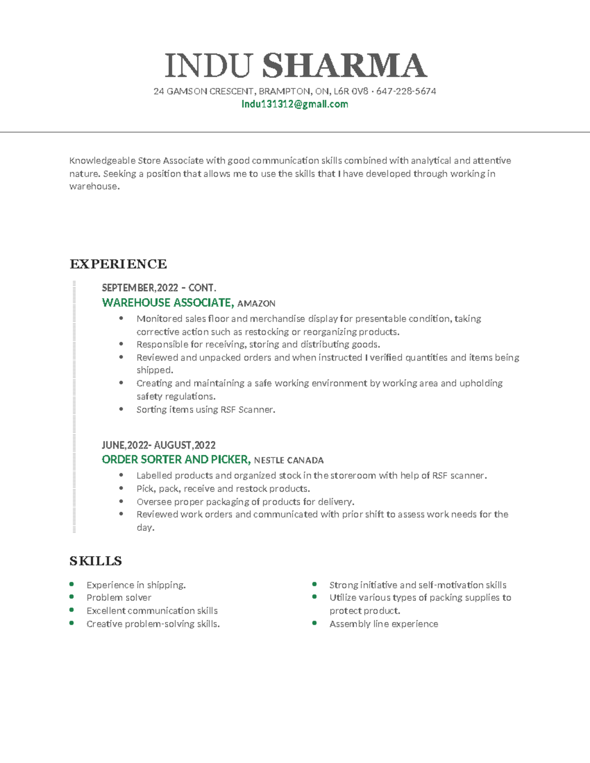 Indu Sharma Resume (1) (1) - INDU SHARMA 24 GAMSON CRESCENT, BRAMPTON ...