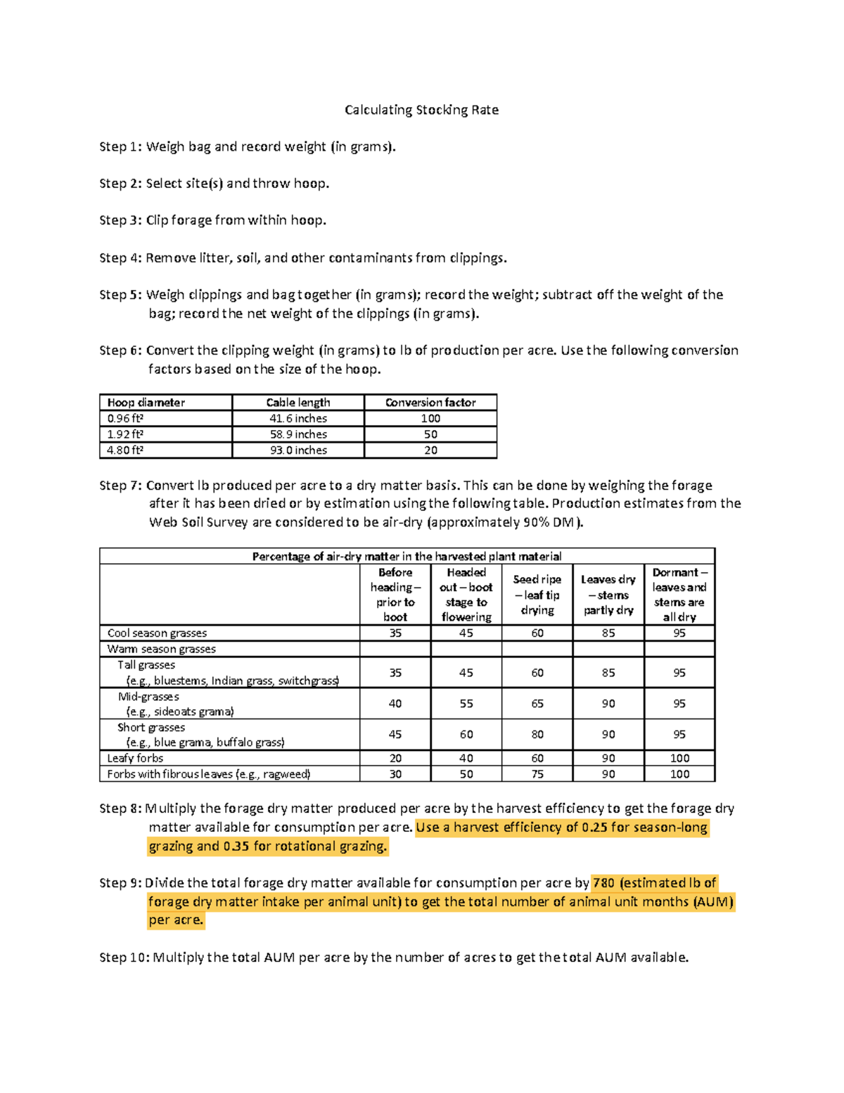 AS 319 Calculating Stocking Rate Notes - Calculating Stocking Rate Step ...