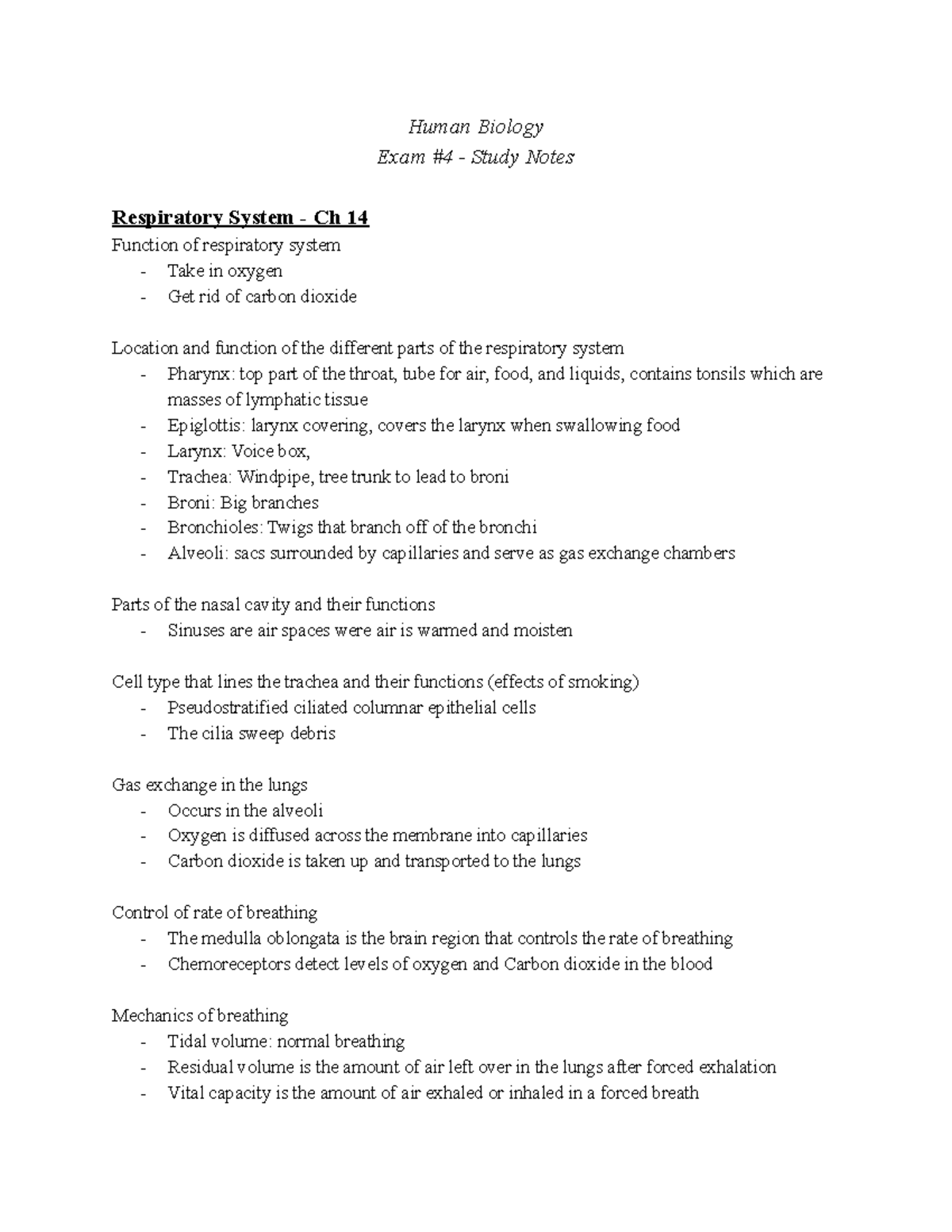 Biology Study Notes - Exam #4 - Human Biology Exam #4 - Study Notes ...