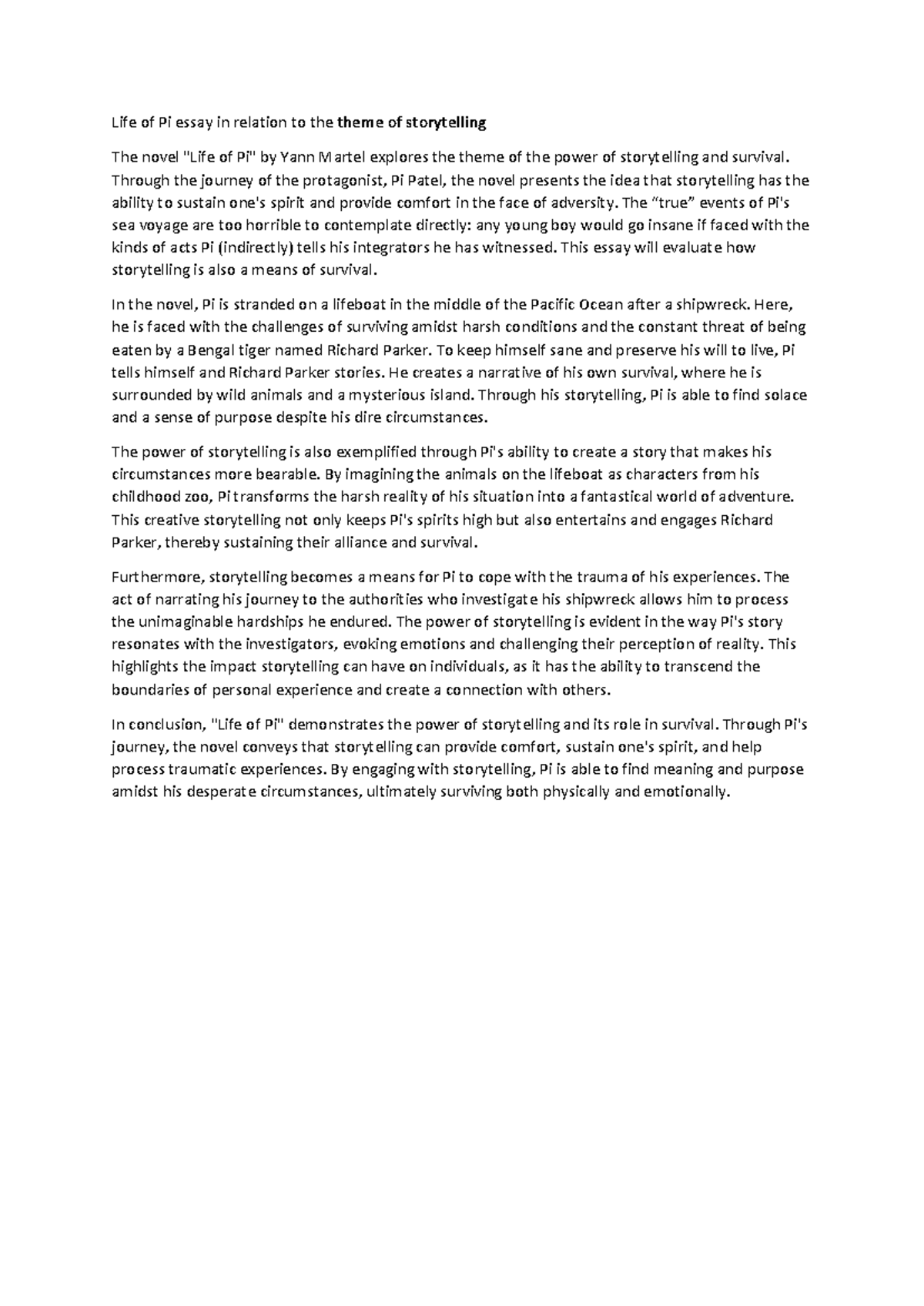 Life of pi. essay 1 - Life of Pi essay in relation to the theme of ...