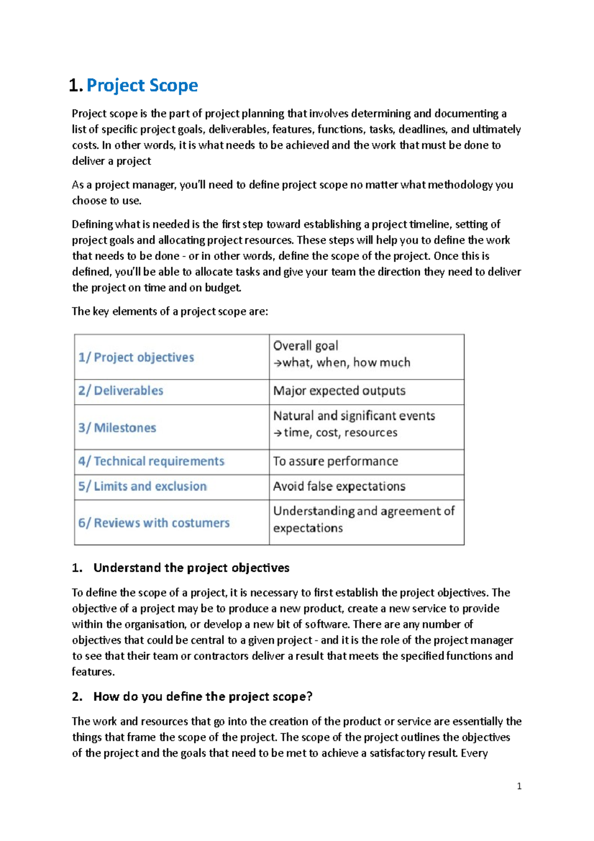 1. Project Scope Mgt - Lecture notes 2 - 1 Scope Project scope is the ...