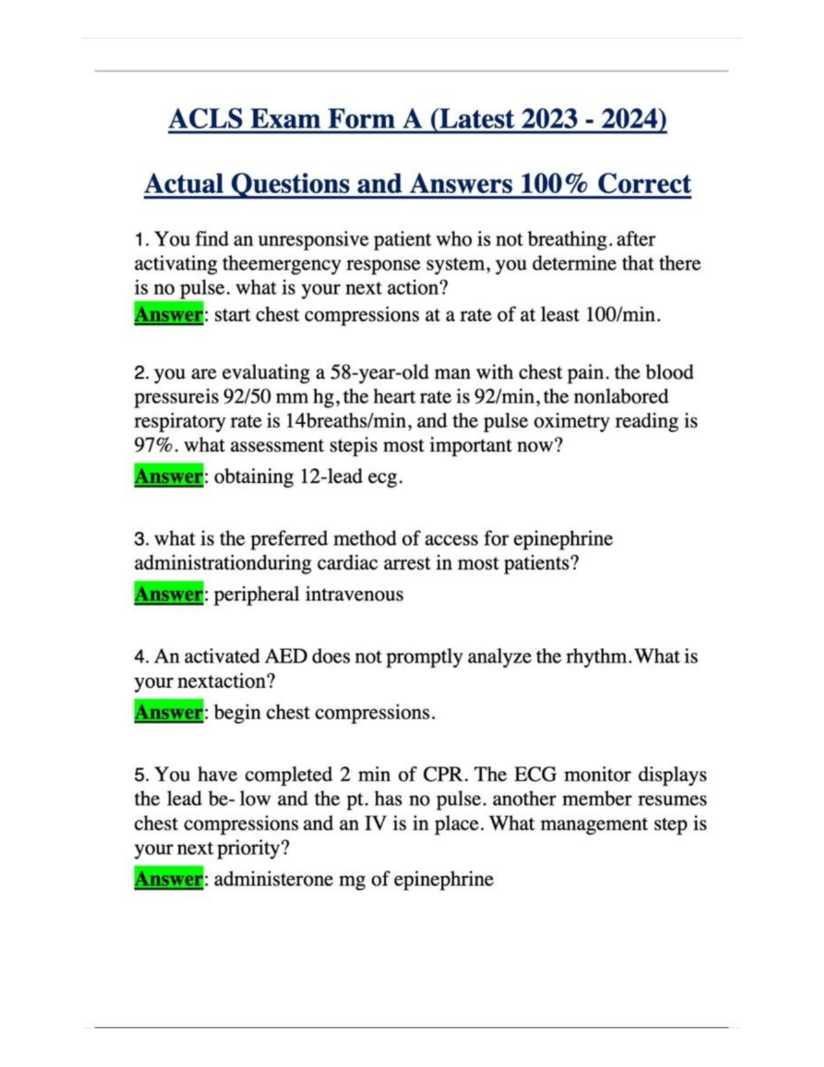 ACLS Exam Form A Latest 2023 2024 Actual Questions and Answers 100 ...