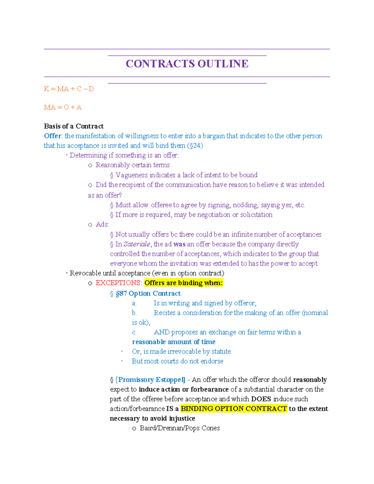 Contracts Outline - - Studocu
