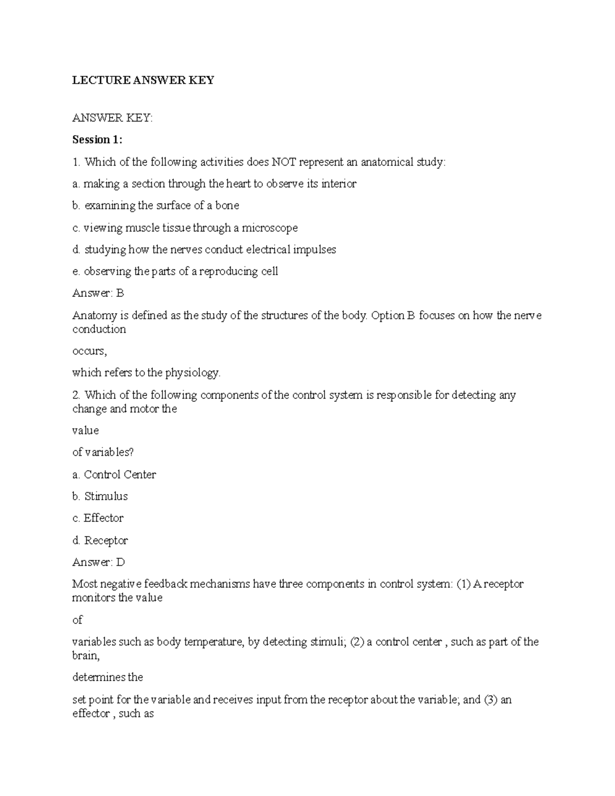 Anatomy and Physiology_ Lecture- Answer-KEY - LECTURE ANSWER KEY ANSWER ...