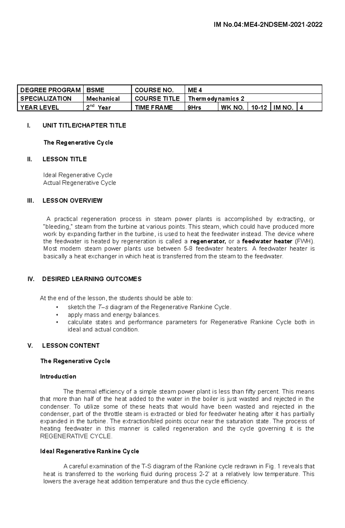 IM 4 Regenerative Rankine Cycle - DEGREE PROGRAM BSME COURSE NO. ME 4 ...