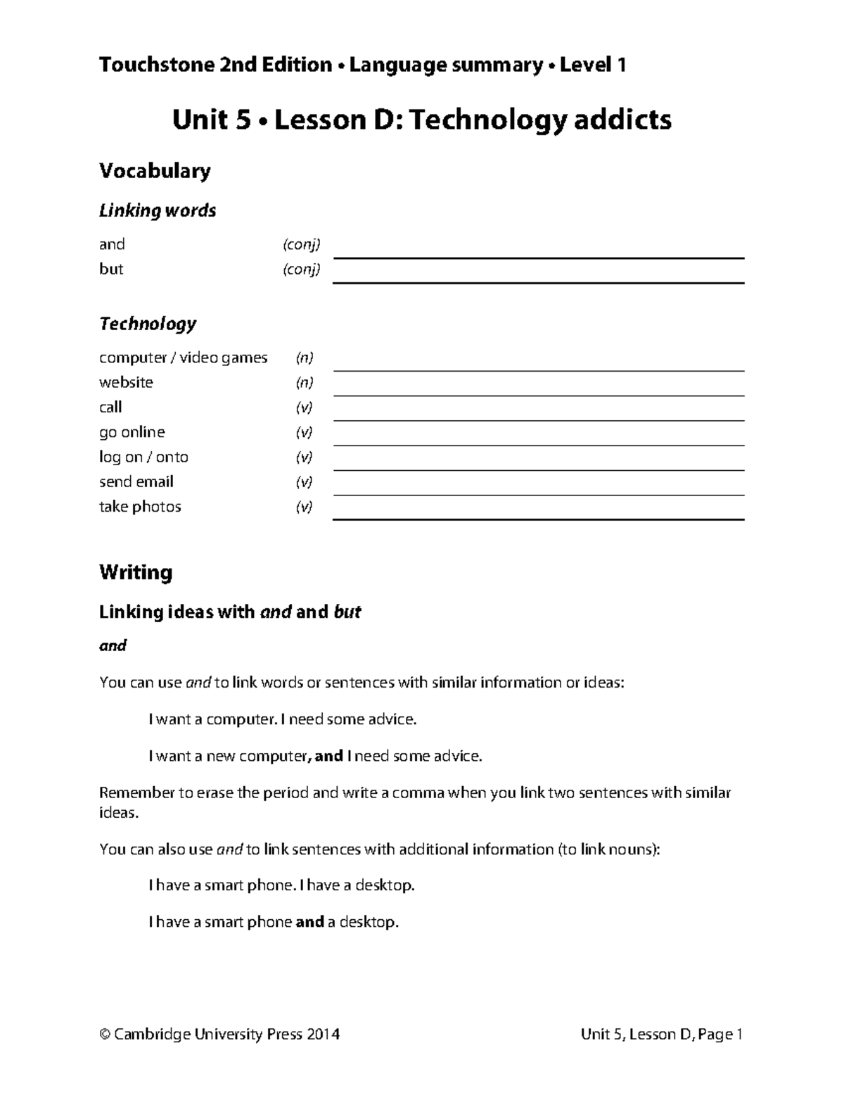TS2e L1 U5 LD Langsum - Leccion 1 - Touchstone 2nd Edition • Language summary • Level 1 Unit 5 ...
